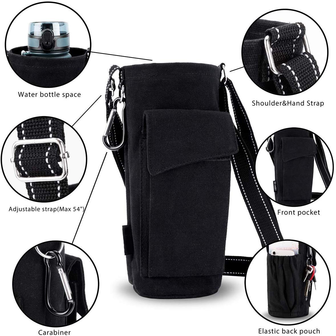 POPRUN Water Bottle Holder for Walking, 50oz Water Bottle Carrier Pouch Bag with Adjustable Shoulder/Hand Strap 2 Pockets for Biking/Hiking/Travel/Camping, Black