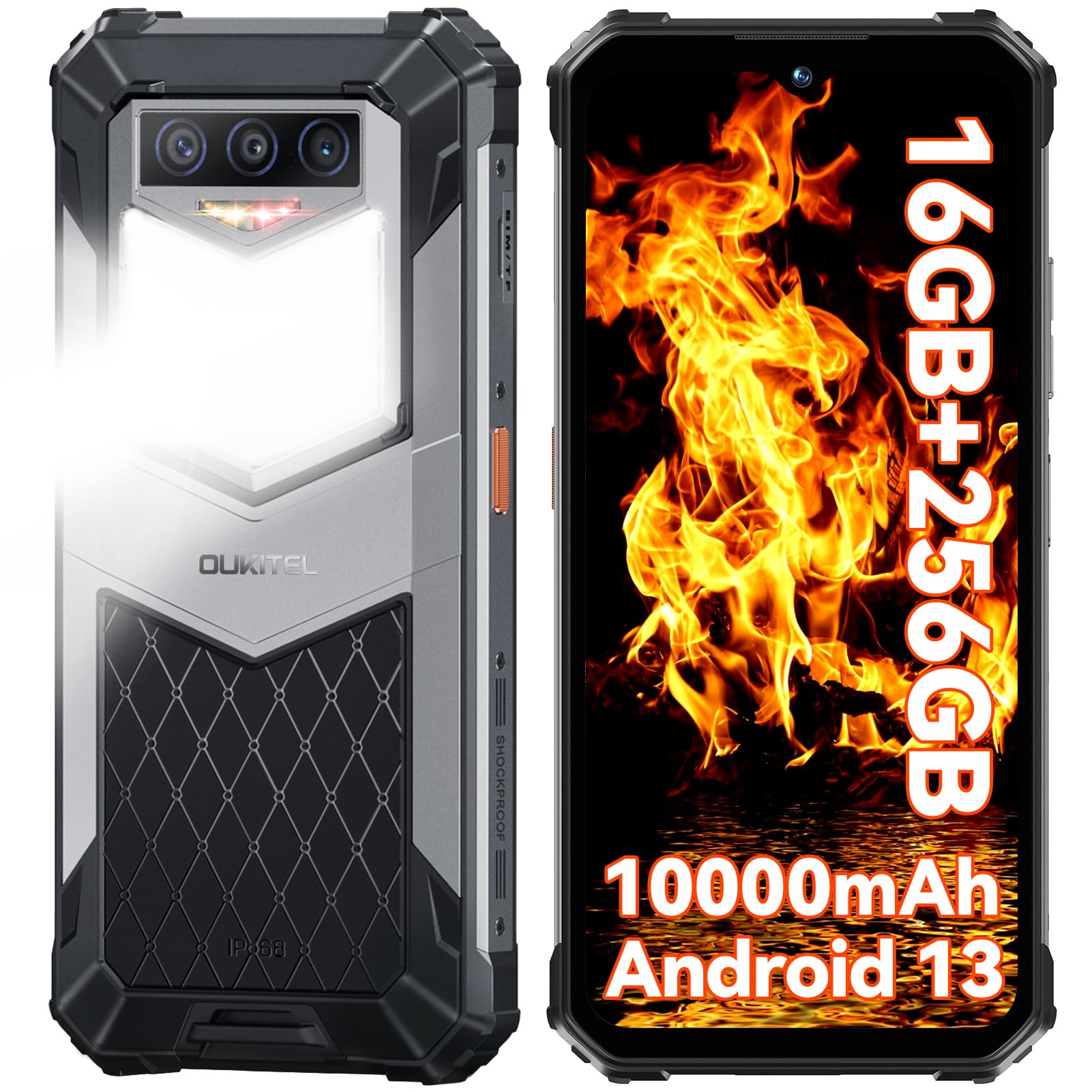 OUKITEL WP26 Rugged Smartphone Unlocked, 16GB RAM, 1200 Lumen Camping Light, 10000mAh Battery, IP68 Waterproof, Android 13, 48MP Camera, Dual SIM, 256GB Storage, 6.58" FHD+ Display
