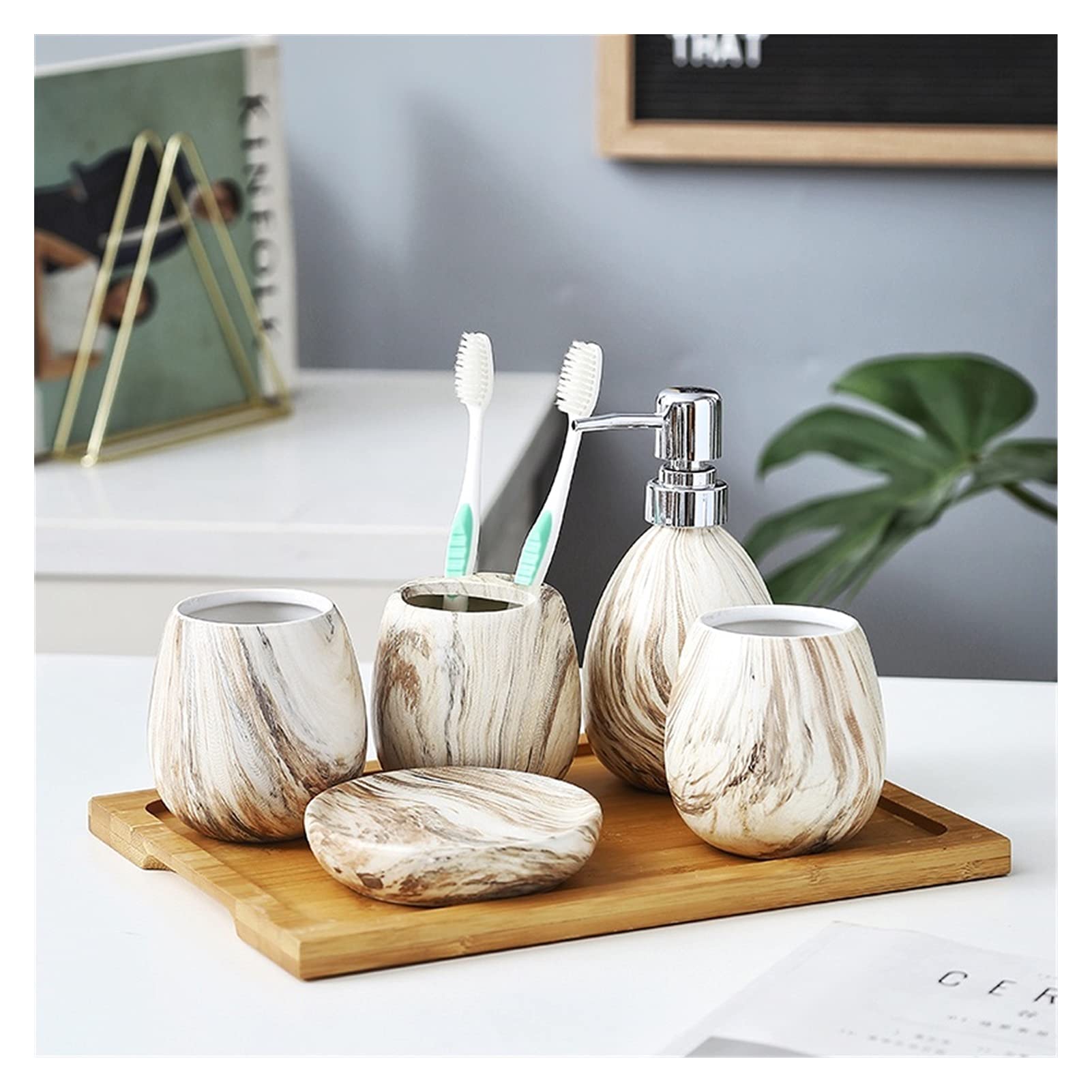 SUNESA Soap Dispenser Marble Pattern 6-Piece Soap Dispenser Set, Modern Kitchen and Bathroom Accessories, for Bathroom Kitchen Home, with Tray Bathroom Soap Dispenser (Color : 1)