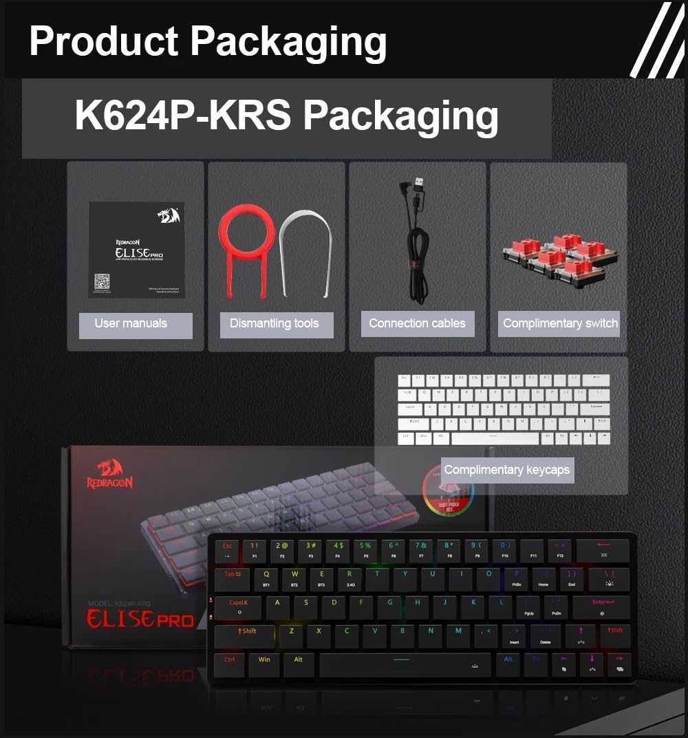 Redragon K624 60% Low Profile Slim Mechanical Gaming Keyboard Wired/Wireless 2.4G and Bluetooth hot swappable Slient Red Switches Backlit RGB with White Black 2 Sets of Keycap