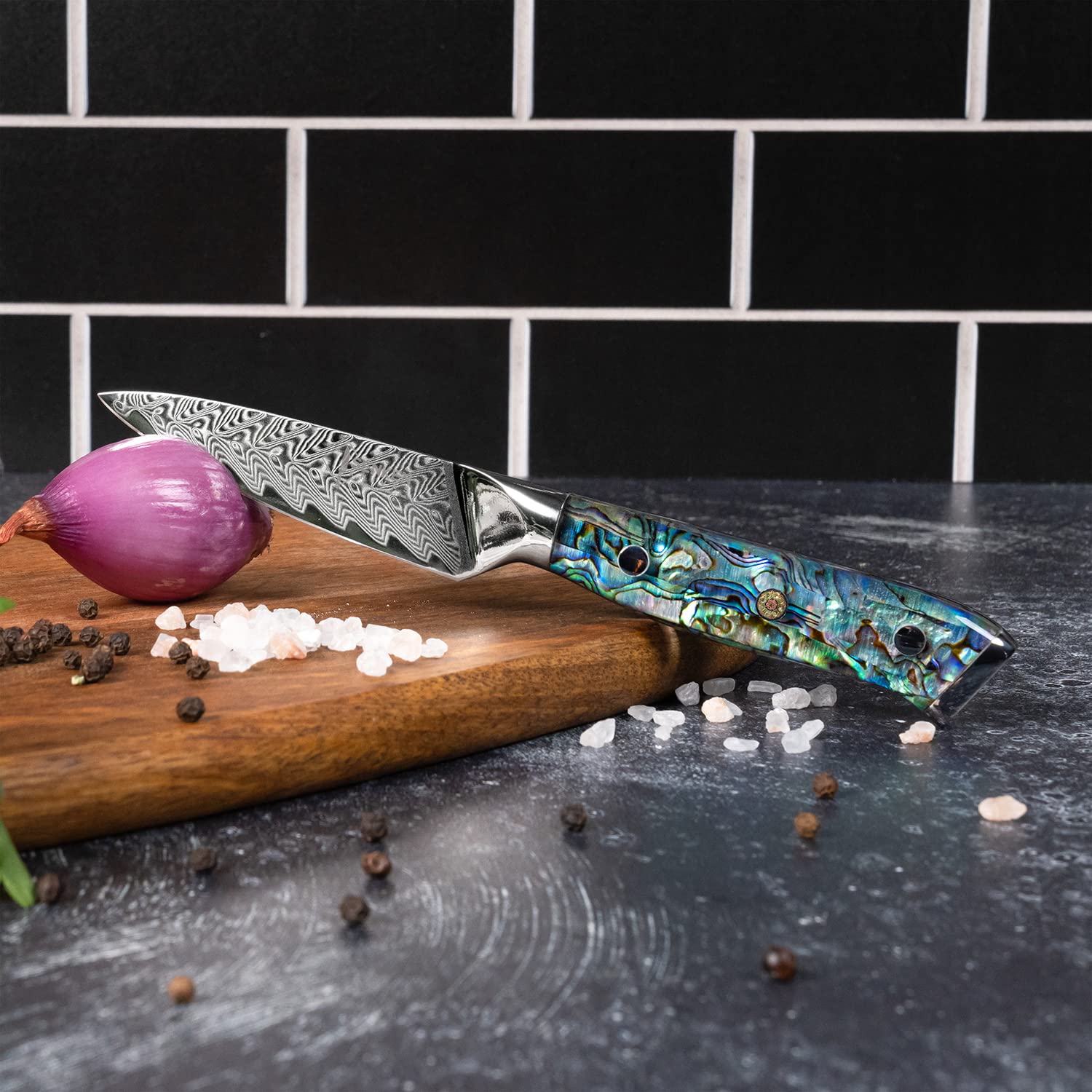 SENKEN Damascus Steel 3.5" Paring Knife with Real Deep-Sea Abalone Shell Handle - Damascus Peeling Knife - 67-Layer Japanese VG10 Forged Steel Blade, Integrated Full-Tang Molding (3.5" Paring Knife)