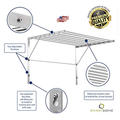 Smartsome | Wall Mounted | Clothes Drying Rack | 30" Wide | 20 Linear Feet Capacity | 8 Smooth Round Stainless Steel Rods | 60 lb Capacity | Fully Assembled | Compact Sturdy Space-Saving Design