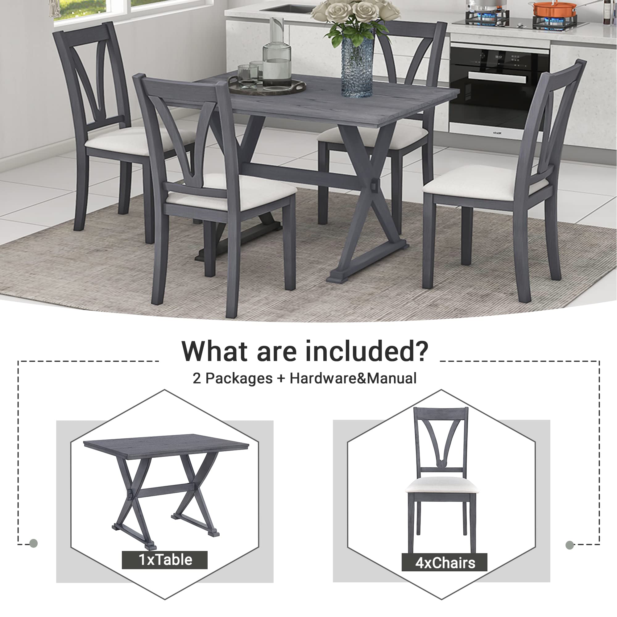 Prohon 5-Piece V-Shaped High Backrest Upholstered Chair for 4, Mid-Century Dinner Furniture w/Strong Rubber Wood Legs for Small Space, Kitchen, Apartment, Antique Grey, Dining Table Set for 4