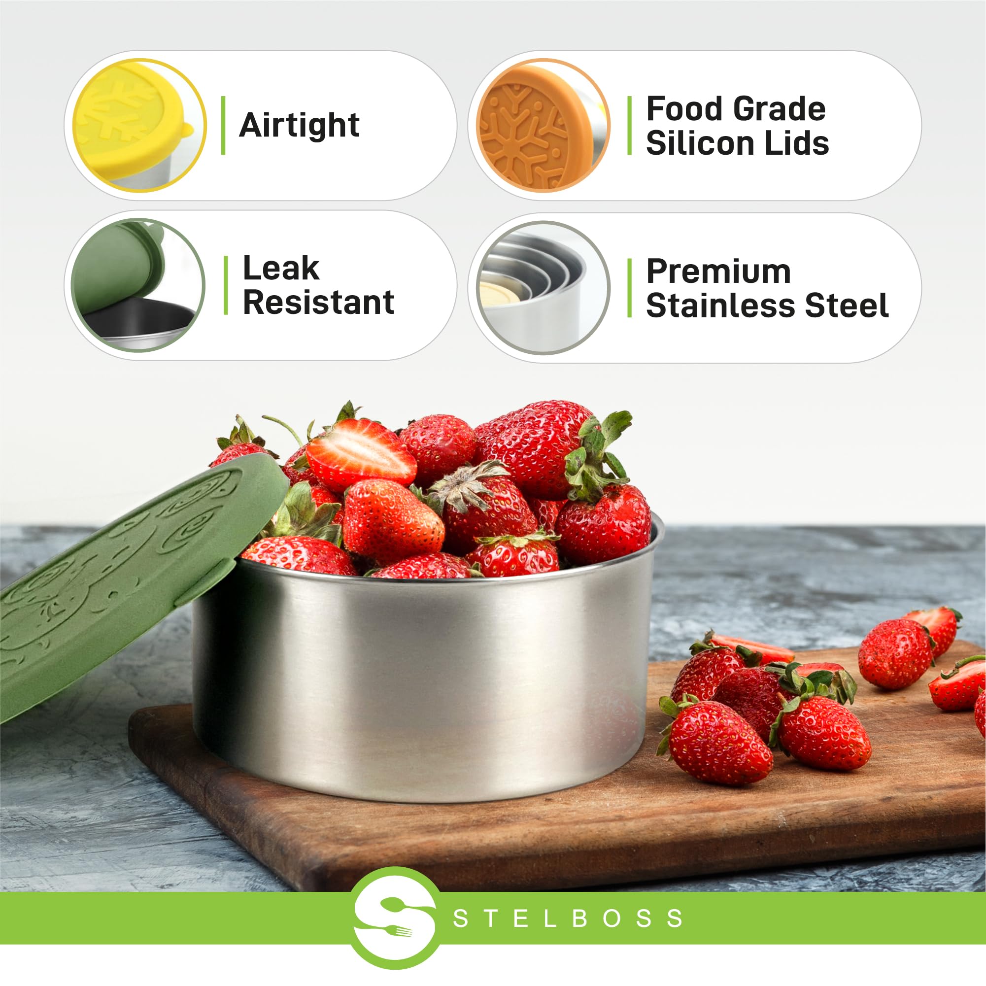 Stelboss Stainless Steel Containers with Lids Set of 5 - Reusable Airtight Stainless Steel Lunch Container - Leak Proof with 5 Sizes 32oz, 21oz, 13oz, 6oz & 3oz - Perfect for Meal Prep and Storage
