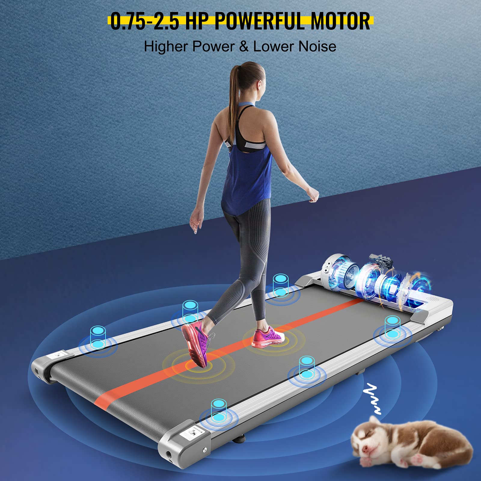 Popsport Smart Under Desk Treadmill Intelligent Speed Control Slim Treadmill Workout App Treadmill Desk Training Cardio Equipment for Home Workouts Jogging Walking Exercise(Sliver)