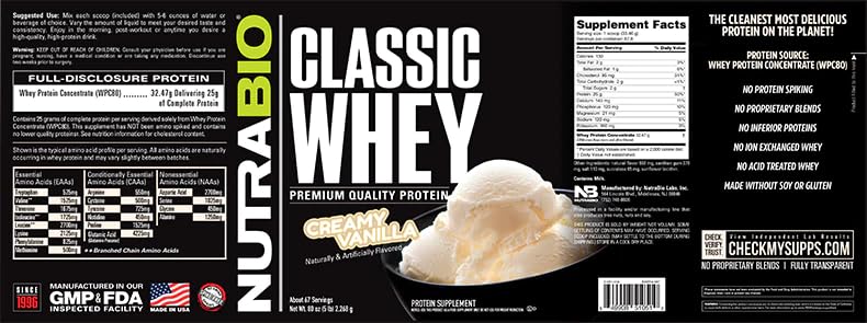 NutraBio Classic Whey Protein Powder- 25G of Protein Per Scoop - Full-Spectrum Amino Acid Profile - No Fillers, Artificial Colors, Preservatives - Low Glycemic Index - Creamy Vanilla, 5 Pounds
