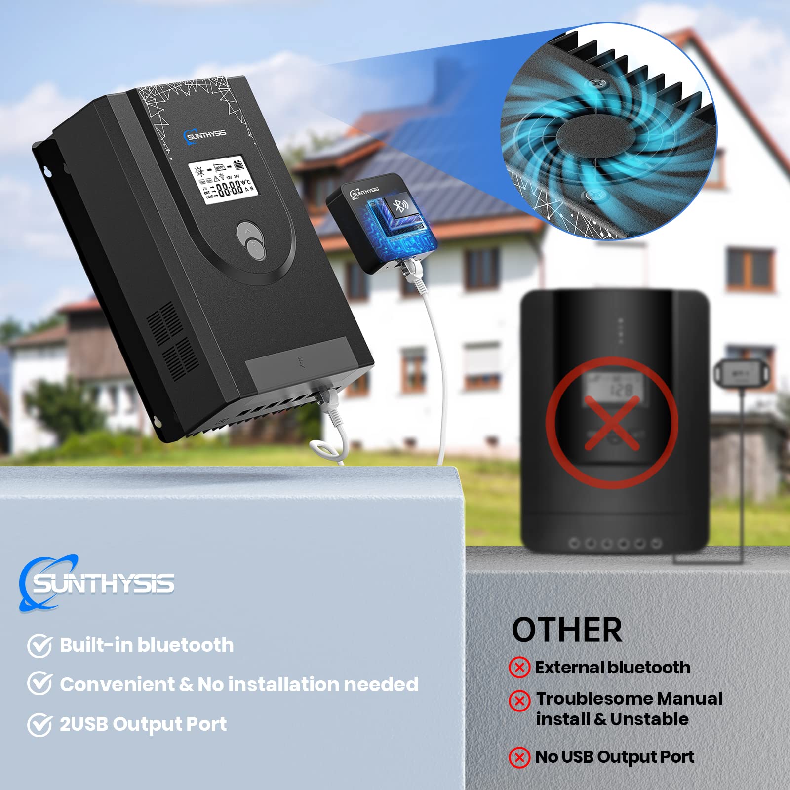 Sunthysis 50A 12V/24V Auto MPPT Solar Charge Controller, Max Input 100V 650W/1300W, LCD Display, APP Monitoring Setting, Solar Panel Regulator for AGM Gel Sealed Flooded, Lithium Battery (Bluetooth)