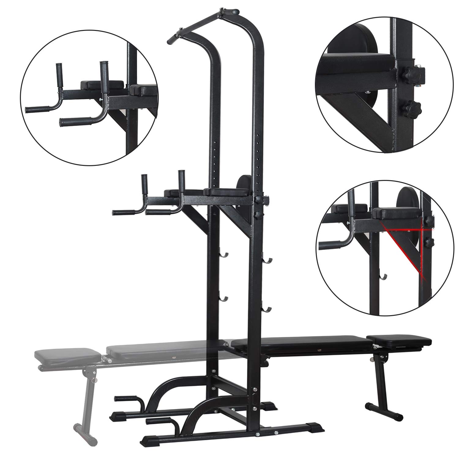 Power Tower Dip Station High Capacity 800lbs w/Weight Sit Up Bench Adjustable Height Heavy Duty Steel Multi-Function Fitness Pull Up Chin Up Tower Equipment for Home Office Gym Dip Stands (Black)