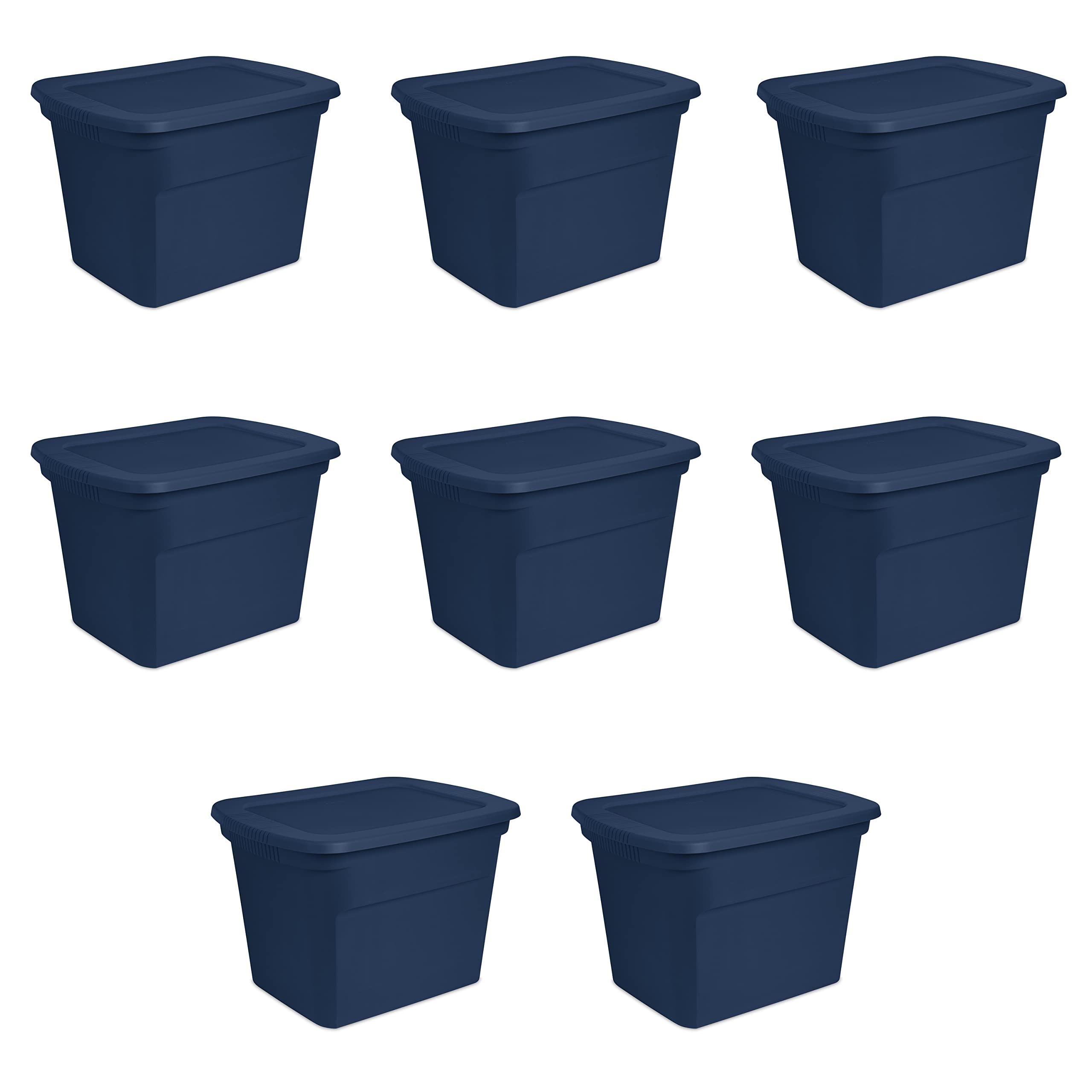 Sterilite 18 Gal Storage Tote, Stackable Bin with Lid, Plastic Container to Organize Clothes in Closet, Basement, Blue Base and Lid, 8-Pack