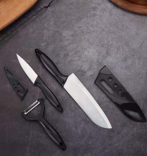 WOLFLAND 3 Pieces Kitchen Knife Set 3.5β Paring knife 7β Santoku Knife w/Protective Covers and Peeler Stainless Steel blade and Ergonomic Black Handle