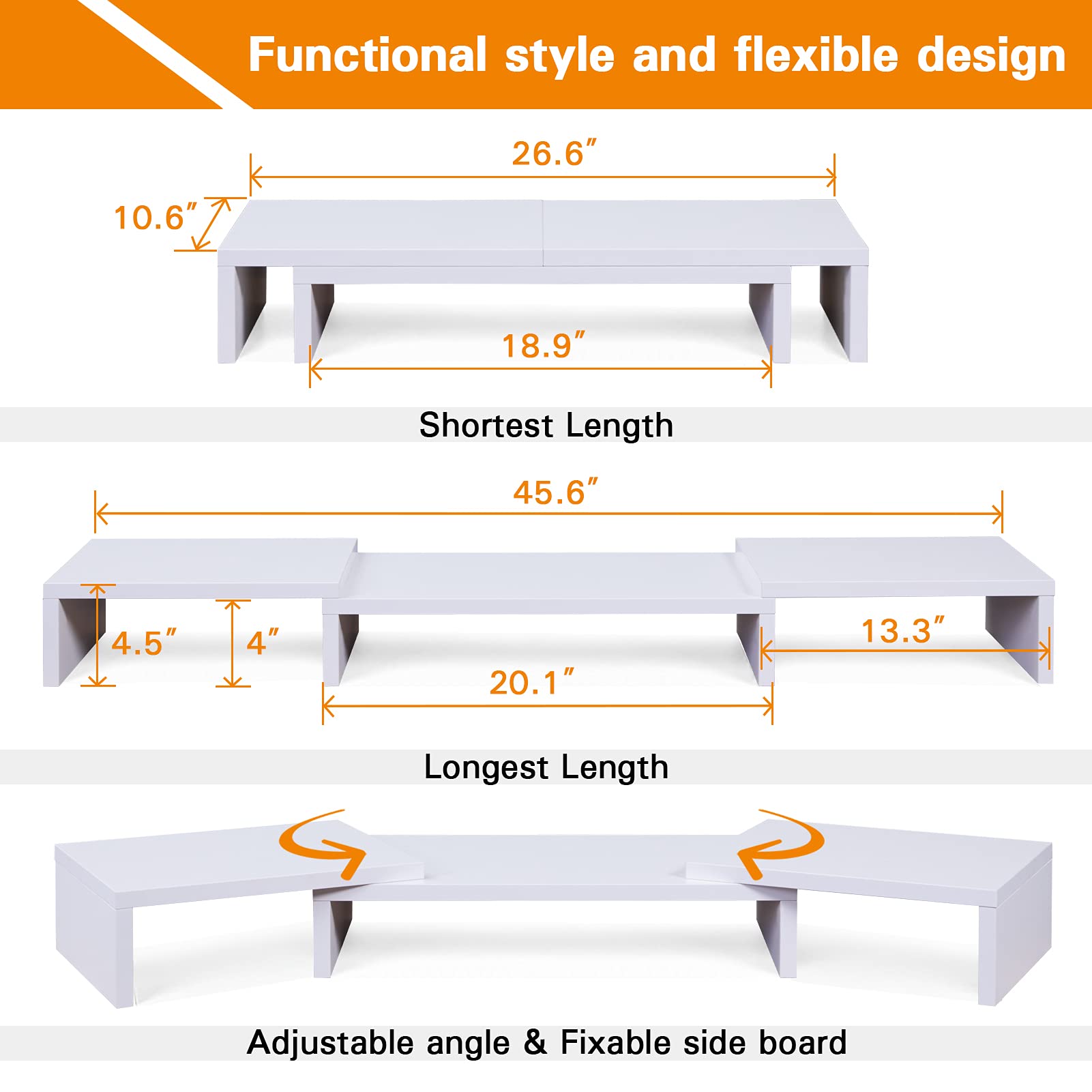SUPERJARE Large Monitor Stand Riser, Adjustable Screen Stand for Laptop Computer/TV/PC, Upgrade Length Desktop Organizer - White