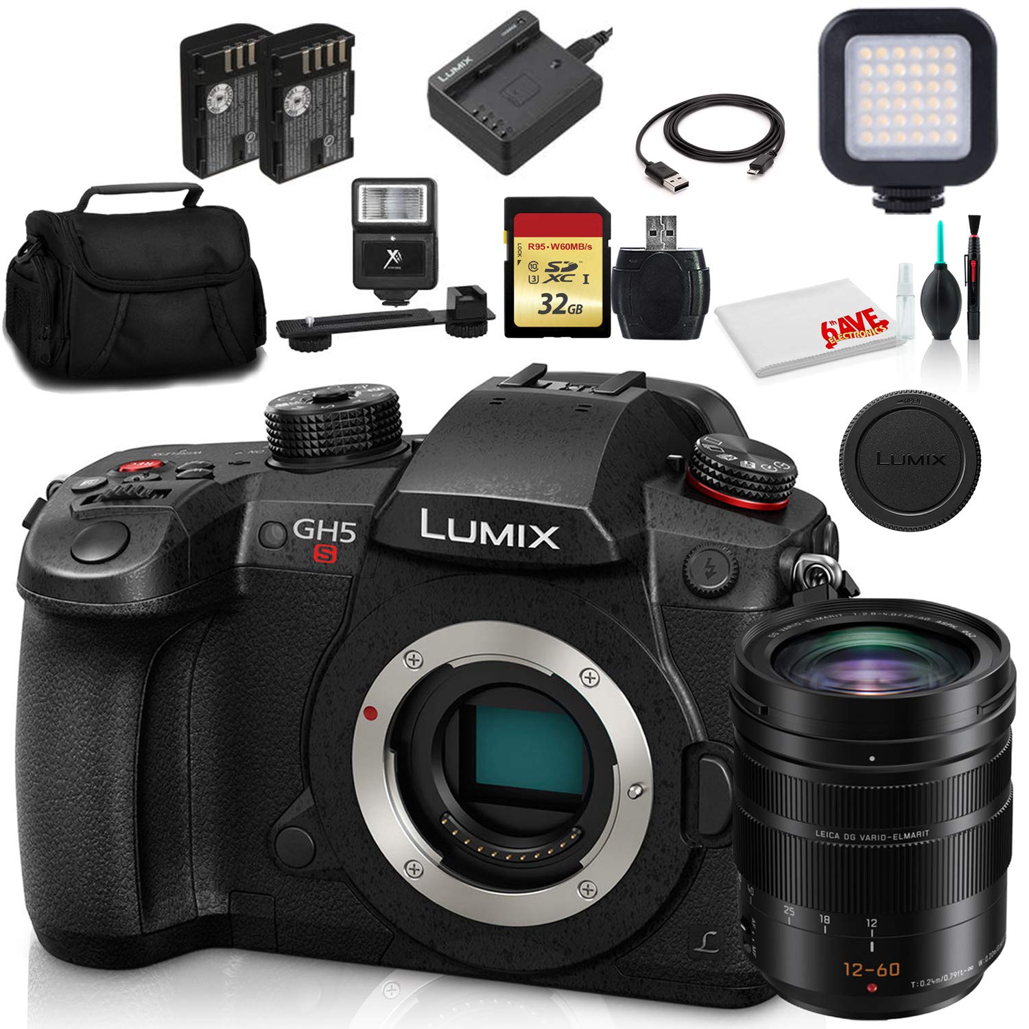 Panasonic Lumix DC-GH5S Mirrorless Digital Camera (DC-GH5S) - Bundle - with Panasonic 12-60mm Lens + Sony 32GB Tough SD Card + LED Video Light + Digital Flash + DMW-BLF19 Battery + Soft Bag + More