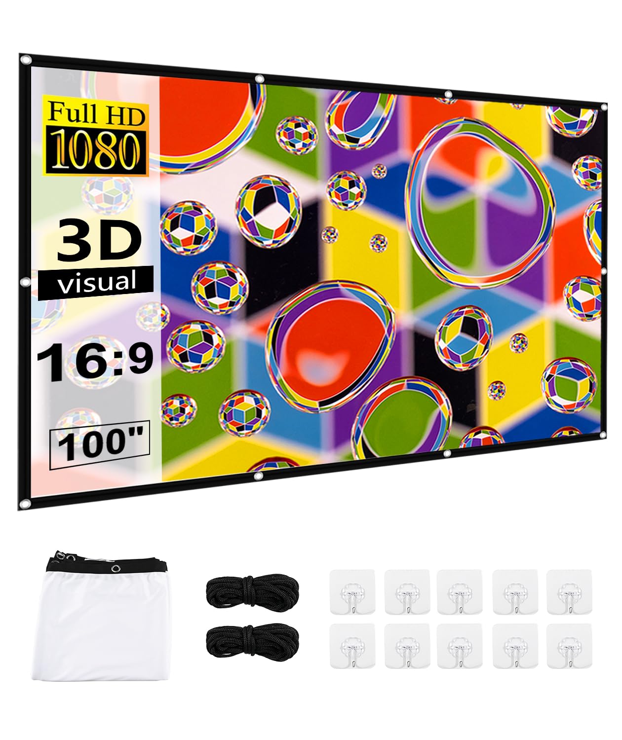 Projector Screen 100 Inch, Foldable Wrinkle Free Movies Screen Wall Mount, 16:9 4K Rear Front Projection Screen with Hooks Ropes, Easy to Set up for Backyard Home Theater