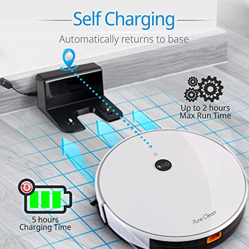 Pure Clean Robotic Vacuum Cleaner - 1100Pa Suction - Wifi Mobile App and Gyroscope Mapping - Ultra Thin 2.9β Height Cleans Carpets and Hardwood Floor - PUCRC455