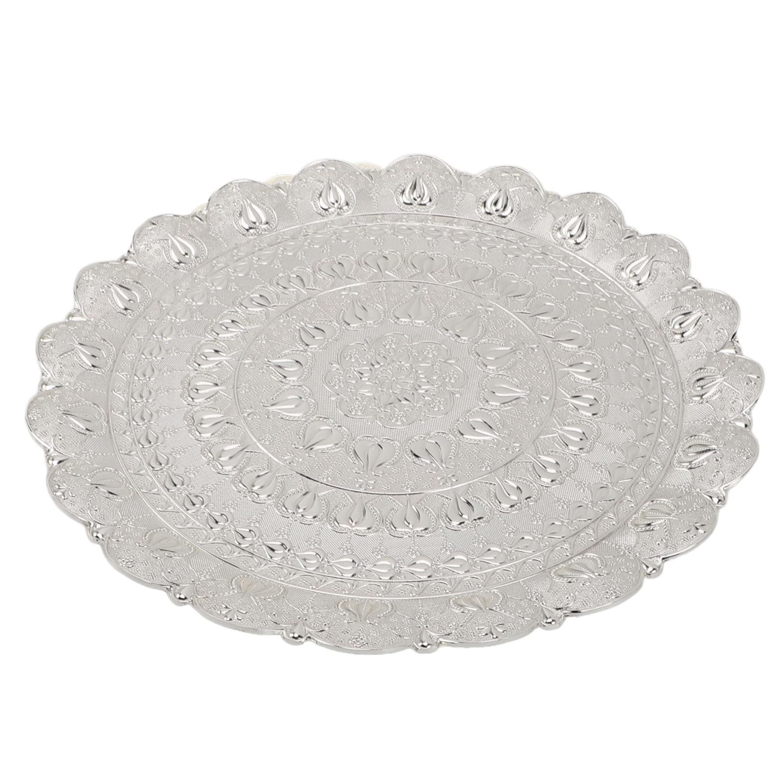 Turkish Tea Coffee Serving Tray Food Trays Vintage Style Embossed Pattern Round Coffee Plate for Bar Outdoor Dessert (Silver)
