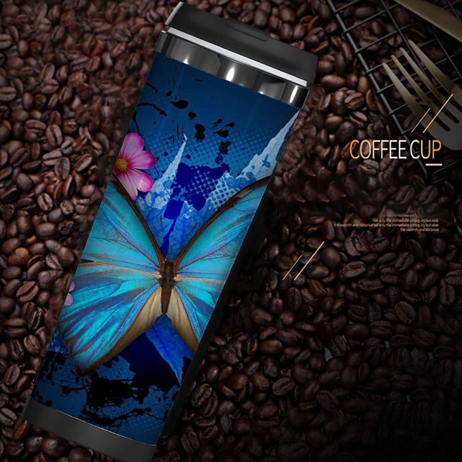 WONDERTIFY Floral Butterfly Coffee Cup Flowers Coffee Mug Stainless Steel Bottle Double Walled Thermo Travel Water Metal Canteen Blue Purple