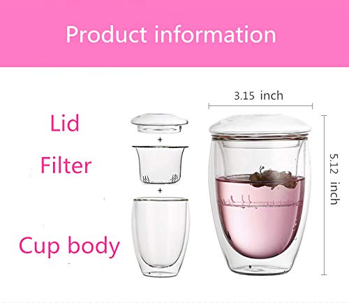 Zaoniy 12 oz Double-wall Glass Tea & Coffee Cup Mug W/Lid and Tea, Heat Resistant, Easy to Brew and Clean