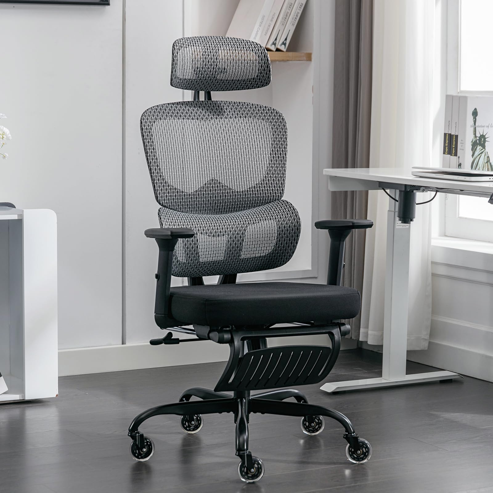 NOKAXUS Office Chair，Ergonomic Breathable Mesh Desk Chair with Lumbar Support,3D Armrest, Rubber Wheels,Gaming Chairs with footrest