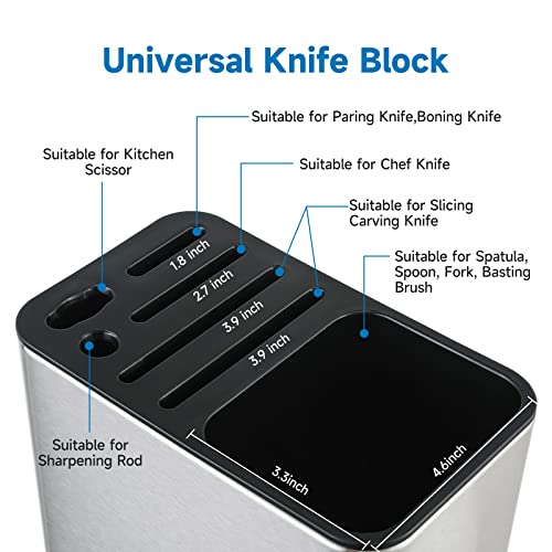 BIARTS 2 in 1 Universal Knife Block without Knives Stainless Steel Knife Holder for Kitchen Counter with Drainage Hole Knife Storage with Utensil Holder Modern Design, Rectangle, 7.7"L x 4.6"W x 7.9"H