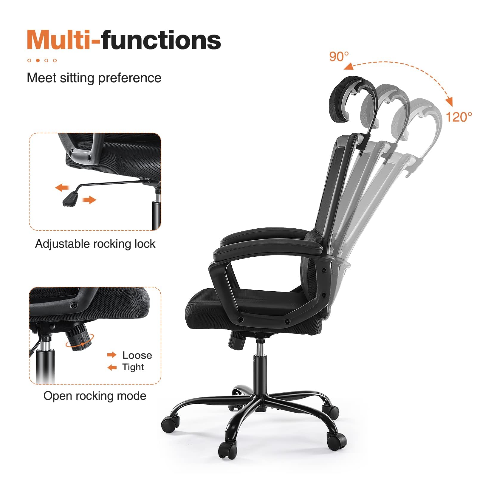 Office Chair - High Back Ergonomic Desk Chair with Adjustable Headrest and Lumbar Support Swivel Rolling Chair Adjustable Height Mesh Chair Study Task Chair for Home Office Room (Black)