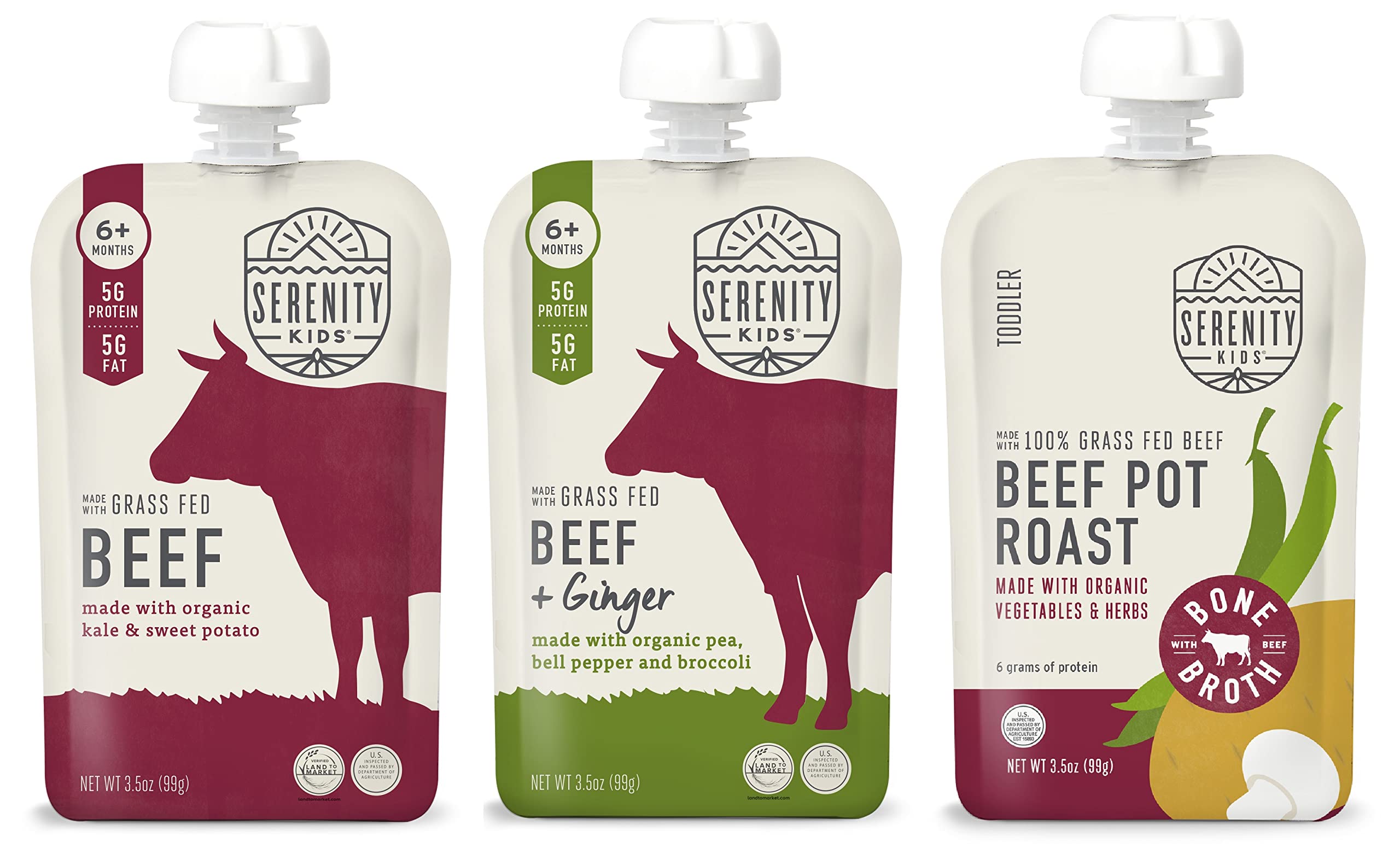 Serenity Kids Baby Got Beef Bundle | 6 Each of Grass Fed Beef, Beef & Ginger and Beef Pot Roast Pouches (18 Count)