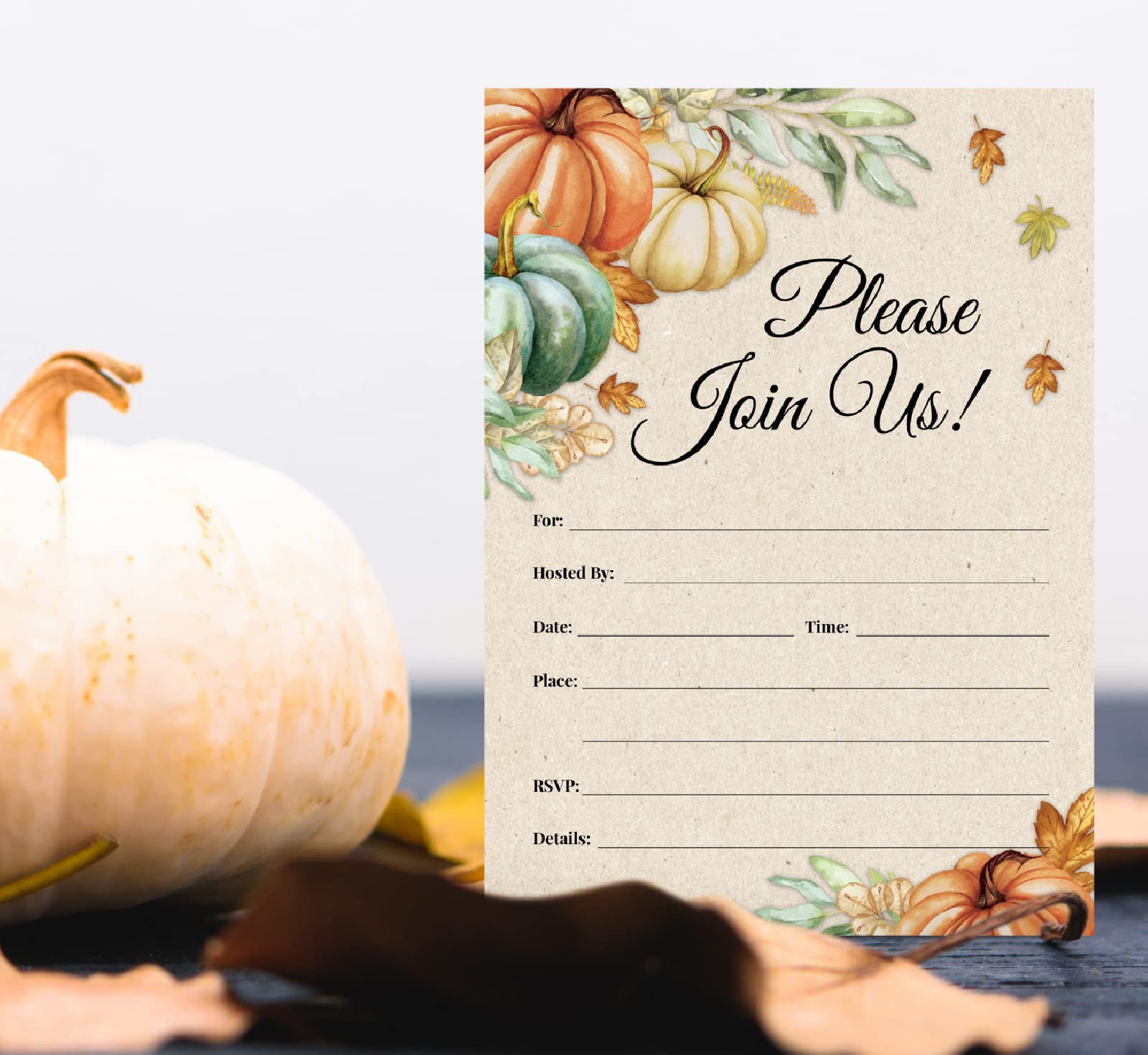 Pink Pixie Studio 20 Fall Party Invitations with Pumpkins & Leaves Thanksgiving, Bridal or Baby Shower, Friendsgiving, Dinner Parties with White Envelopes Made in the USA