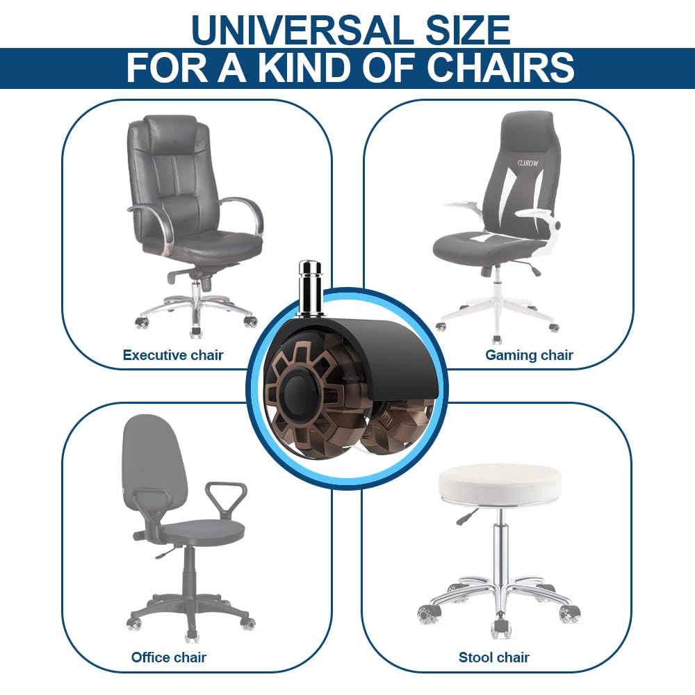 Office Chair Caster Wheels, Set of 5, Heavy Duty Chair Wheels for Hardwood, Carpet -Quiet & Smooth Gliding 2 Inch Office Chair Rubber Caster Wheels(Brown)