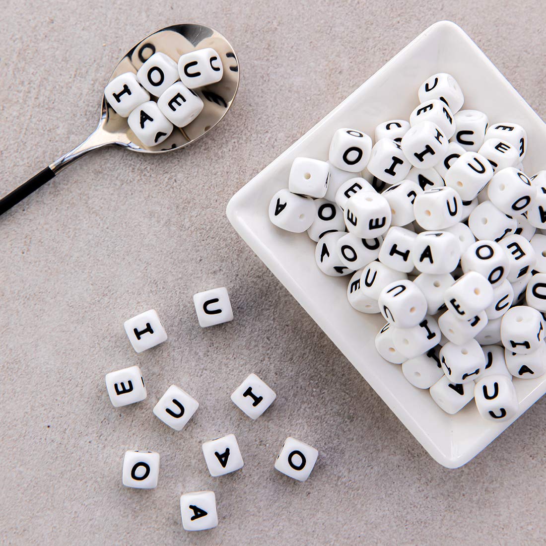 Promise Babe 12mm Square Silicone Alphabet Beads 40pc Vowel AEIOU Letters for DIY Nursing Necklace Baby Teething Beads