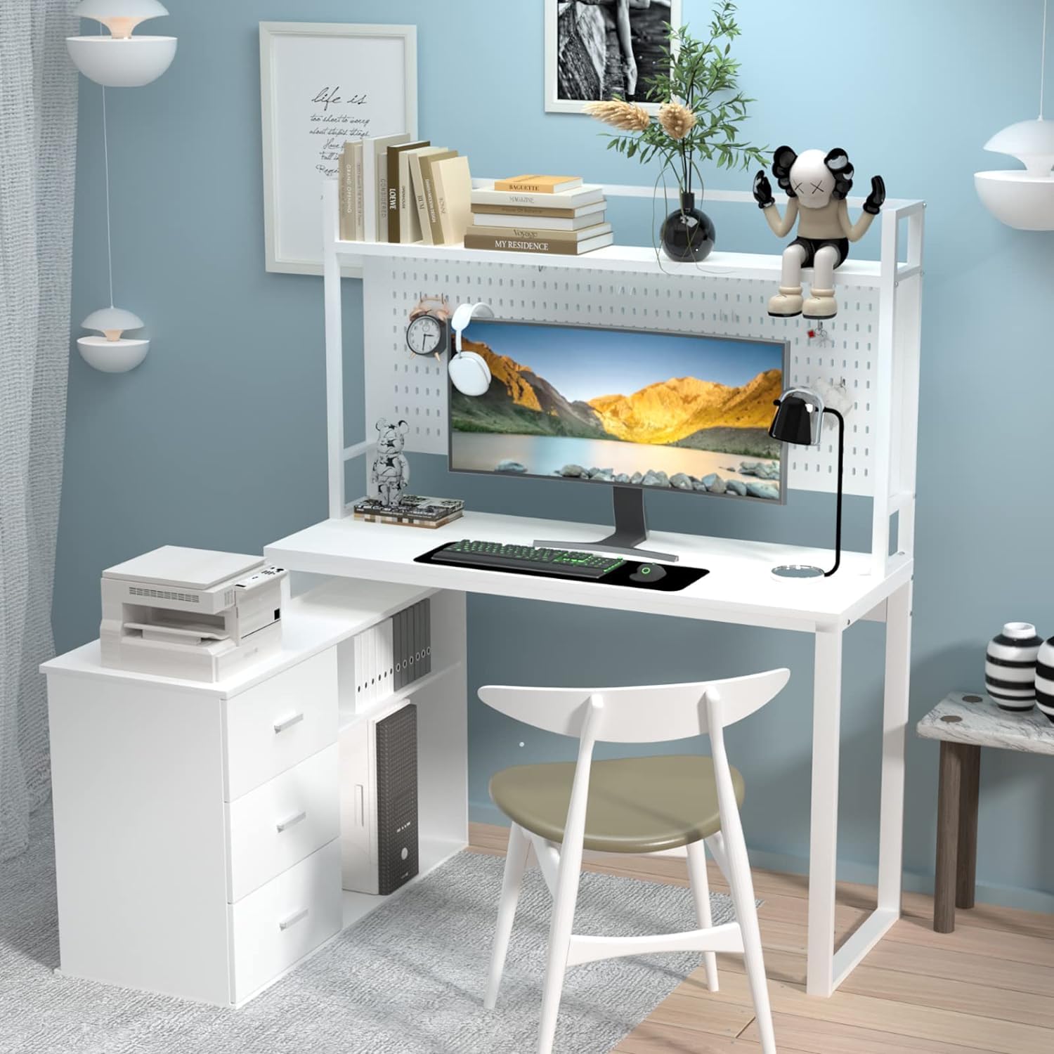 PAKASEPT L Shaped Desk with Drawers & Power Outlet, 47.2-61'' Corner Computer Desk with Keyboard Tray, Movable Monitor Stand & Storage Shelve, Reversible Large Home Office Desks, Rustic Brown