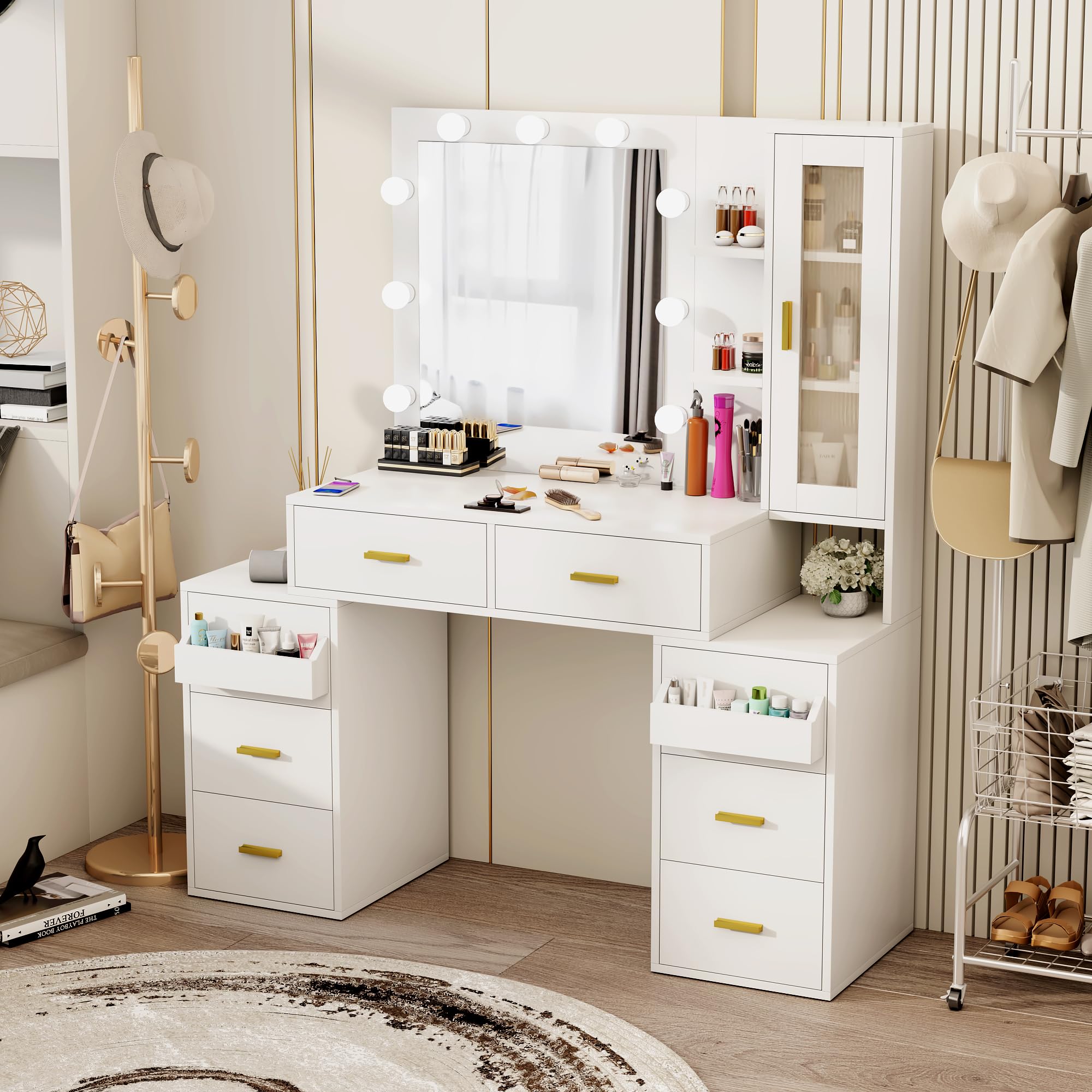 PAKASEPT Vanity Set with Lights, Makeup Vanity Desk with Tri-Fold Mirror, Dresser Table with 2 Drawer and Storage Cabinet, Cushioned Stool for Women Girls White