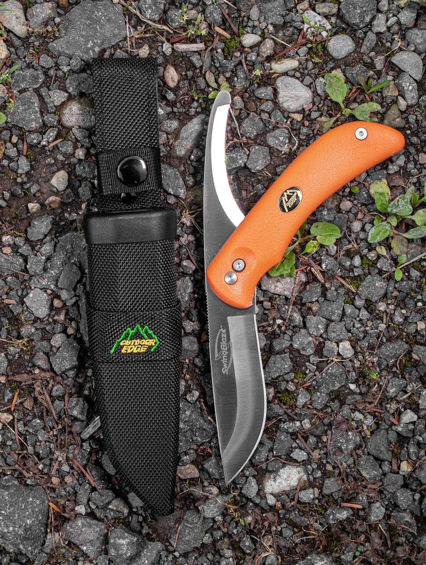 Outdoor Edge Swingblaze Double Blade Hunting Knife with Rotating Skinning & Gutting Blades, Nylon Sheath, (Blaze Orange, SZ-20NC)