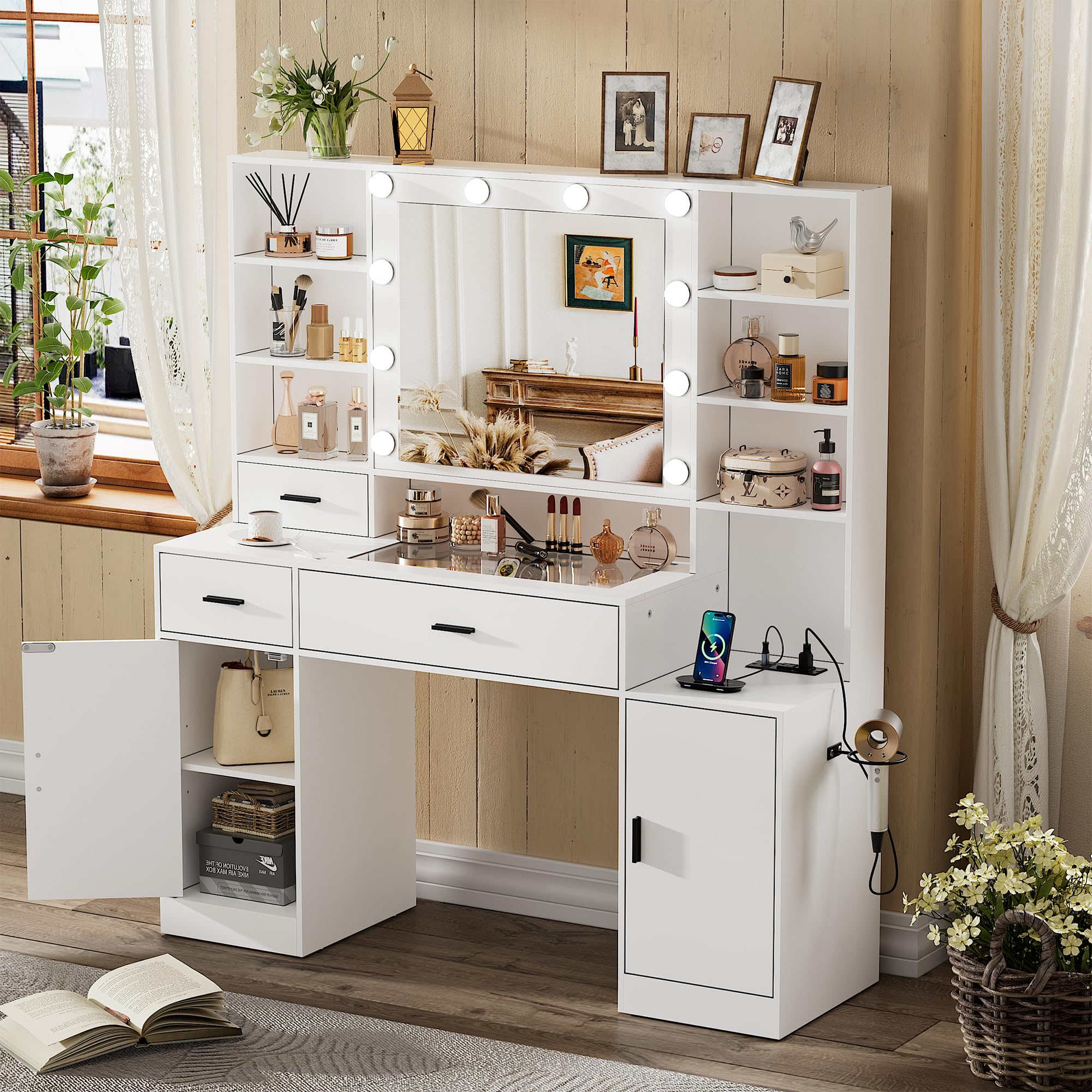 PAKASEPT Vanity Set with Lighted Mirror, Makeup Vanity with 3 Lighting Options and Charging Station, Large Vanity Desk with Storage Shelves, 5 Drawers, Glass Cabinet
