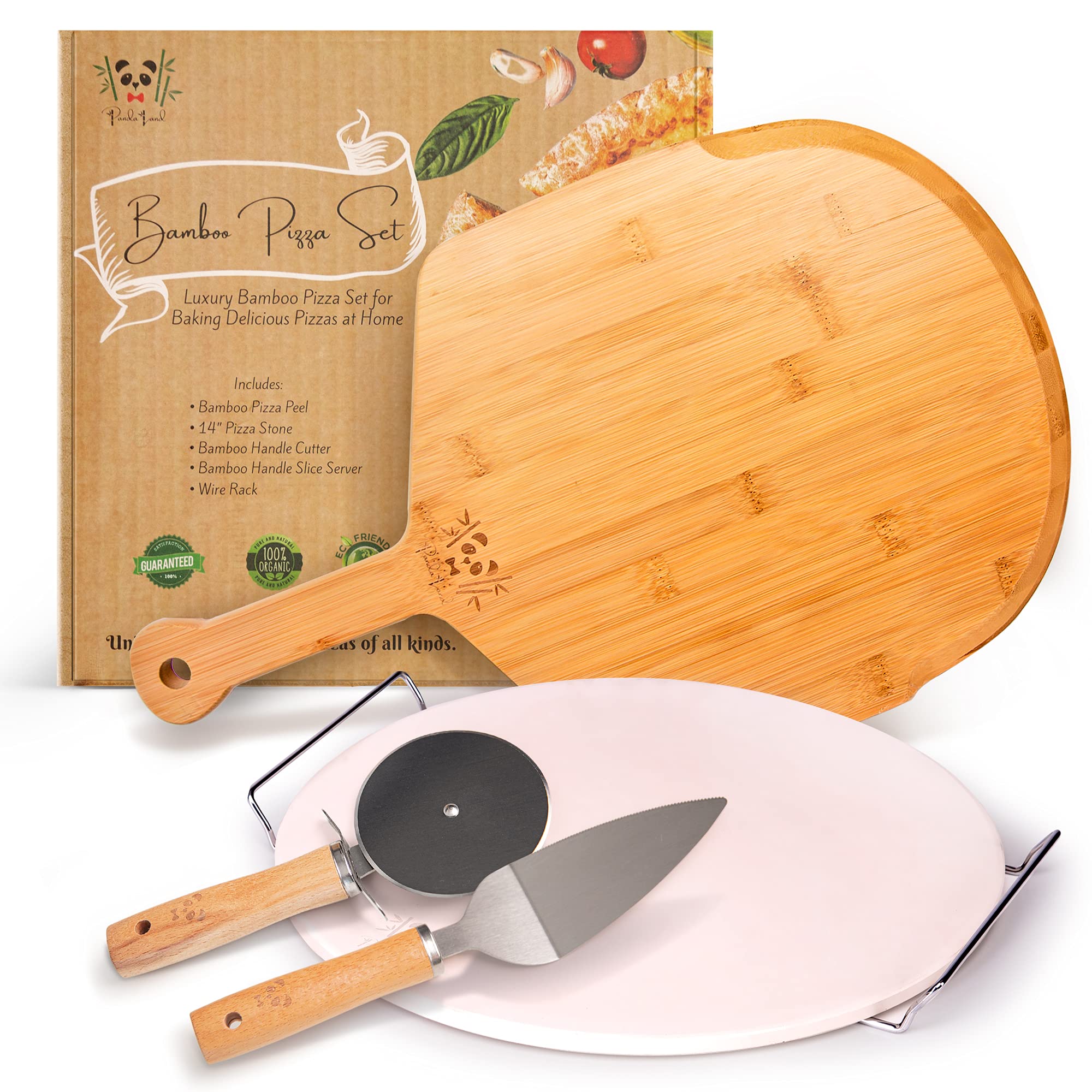 PANDA LAND Large 14" Round Pizza Stone 5-Piece set with Extra-Large Bamboo Pizza Peel Cutter Slice Server Wire Rack | Perfect Pizza Set with all Grilling Accessories| Pizza Stone for Oven and Bbq