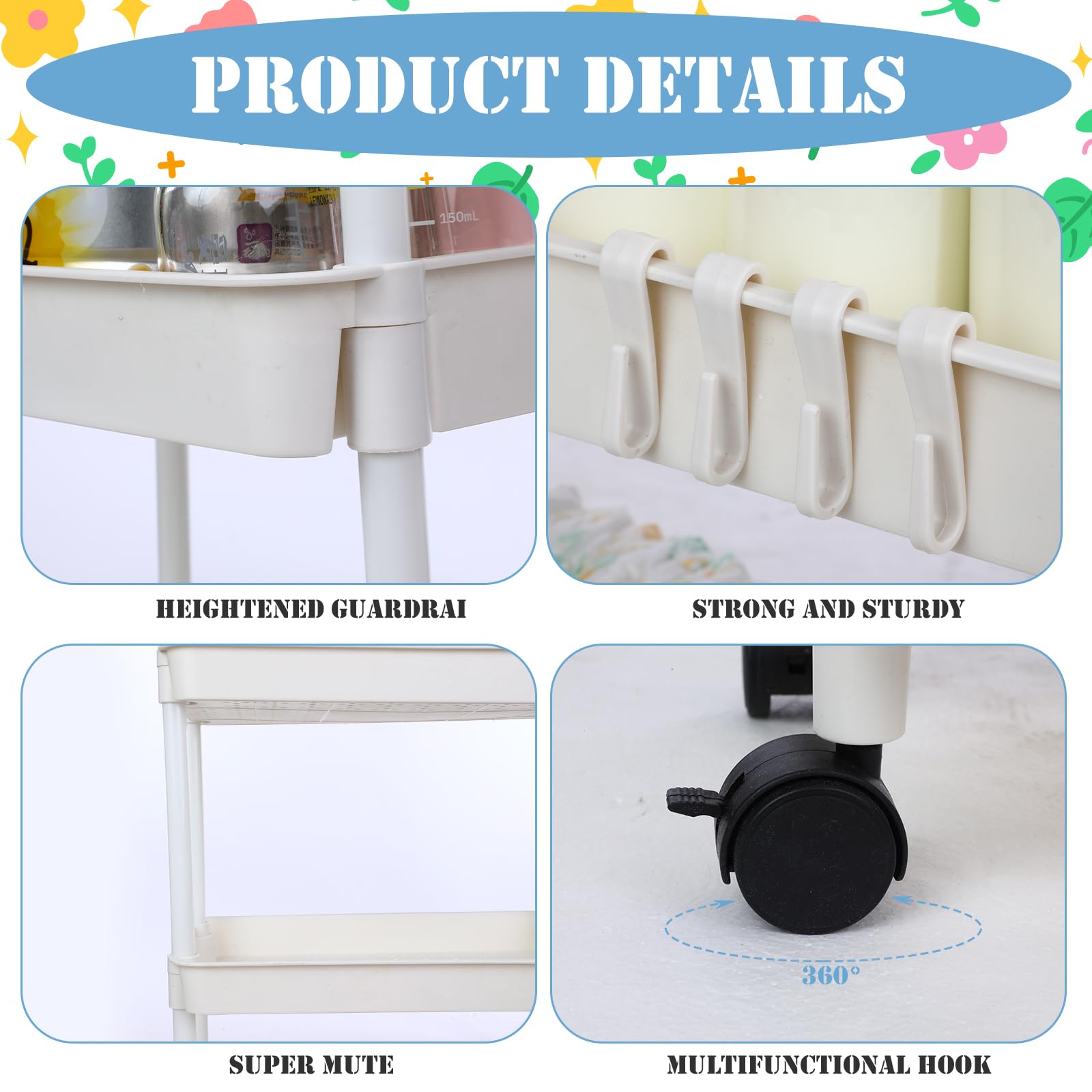 Ripeng 3 Tier Movable Baby Diaper Cart Diaper Storage Cart Newborn Storage Cart Diaper Caddy Organizer Mobile Diaper Shelving Unit Cart for Baby Nursery Cart Changing Table (White)