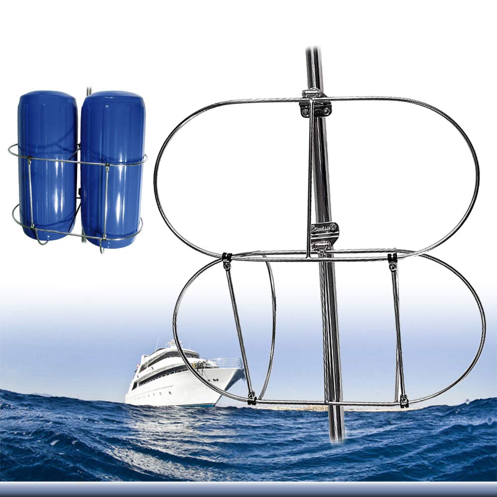 PROMOTOR Stainless-Steel Double Fender Holder Rack for Boat Fenders (L: Fit for 11'' Diameter Boat Fender)