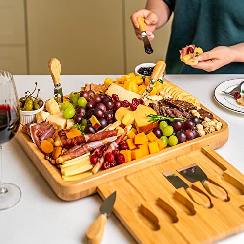 TMD Cheese Board with Knife Set (6pcs) β Elegant Charcuterie Boards with 2 Round Bowls β Wooden Charcuterie Board Set β Cheese board set to Display Your Assortments in Style