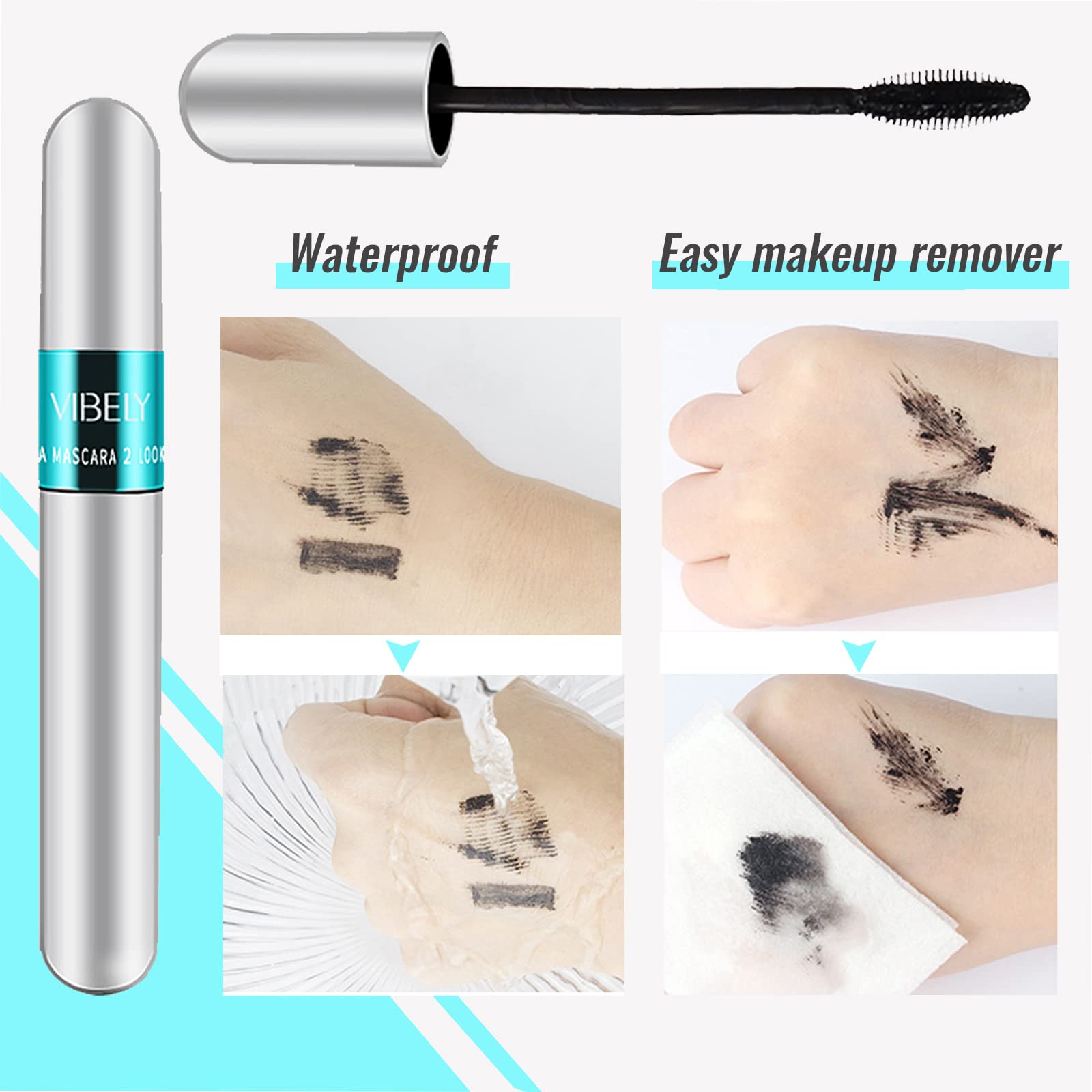 Vibely Mascara 5x Longer Waterproof, 2 in 1 4D Silk Fiber Lash Mascara, Lash Cosmetics Vibely Mascara 5x Longer Washable, Long-lasting Thrive Black Mascara for Natural Lengthening and Thickening (3pcs)