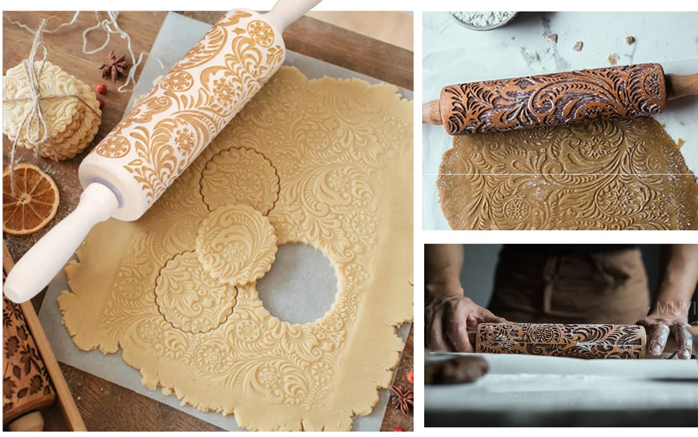 Wooden Embossing Rolling Pins with Designs for Baking, Engraved Rolling Pin with Pattern, Fondant Roller Snowflakes Christmas 3D
