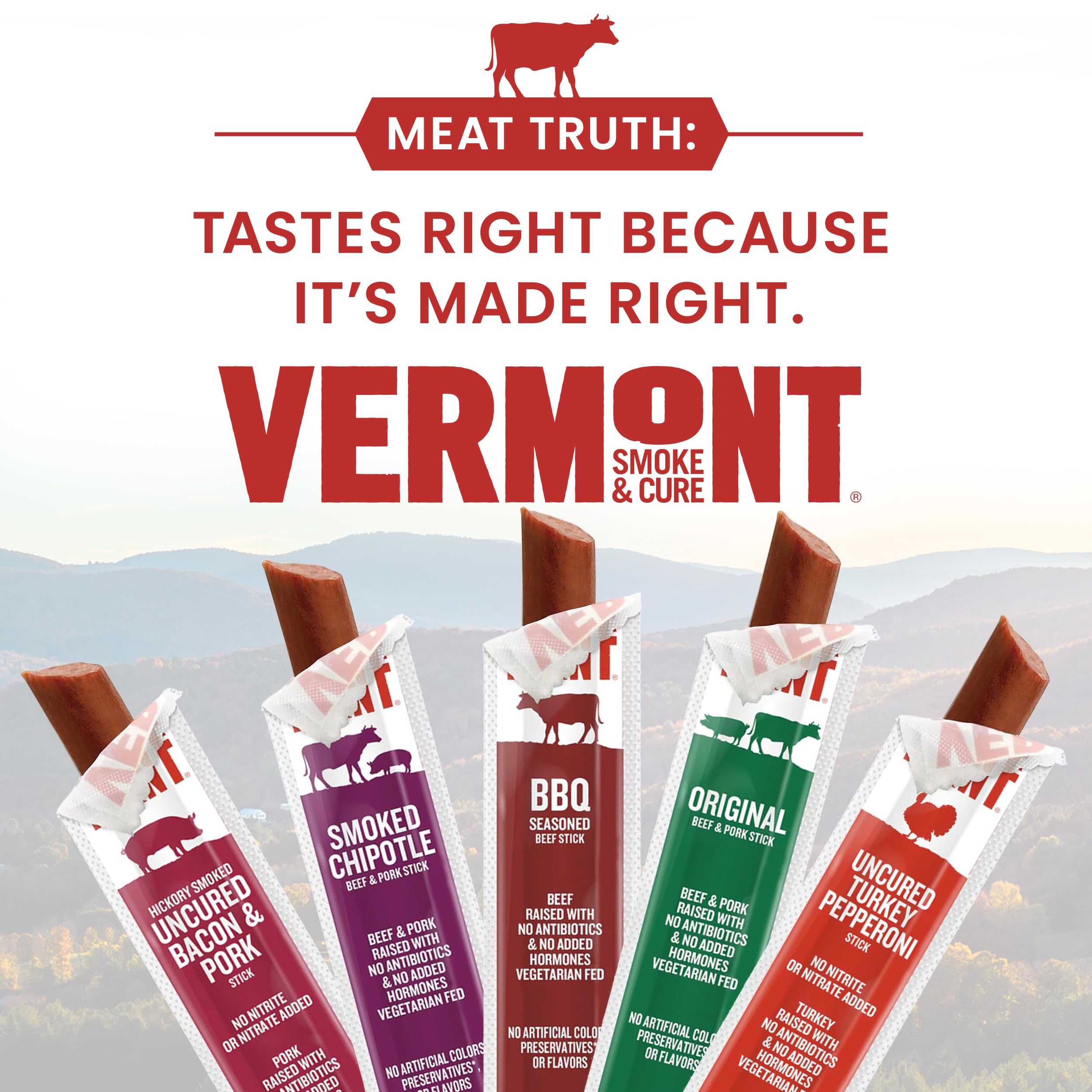 Snack Sticks by Vermont Smoke & Cure – Original Flavor – Beef & Pork – Healthy Meat Protein – 1oz Jerky Stick – 24 count carton
