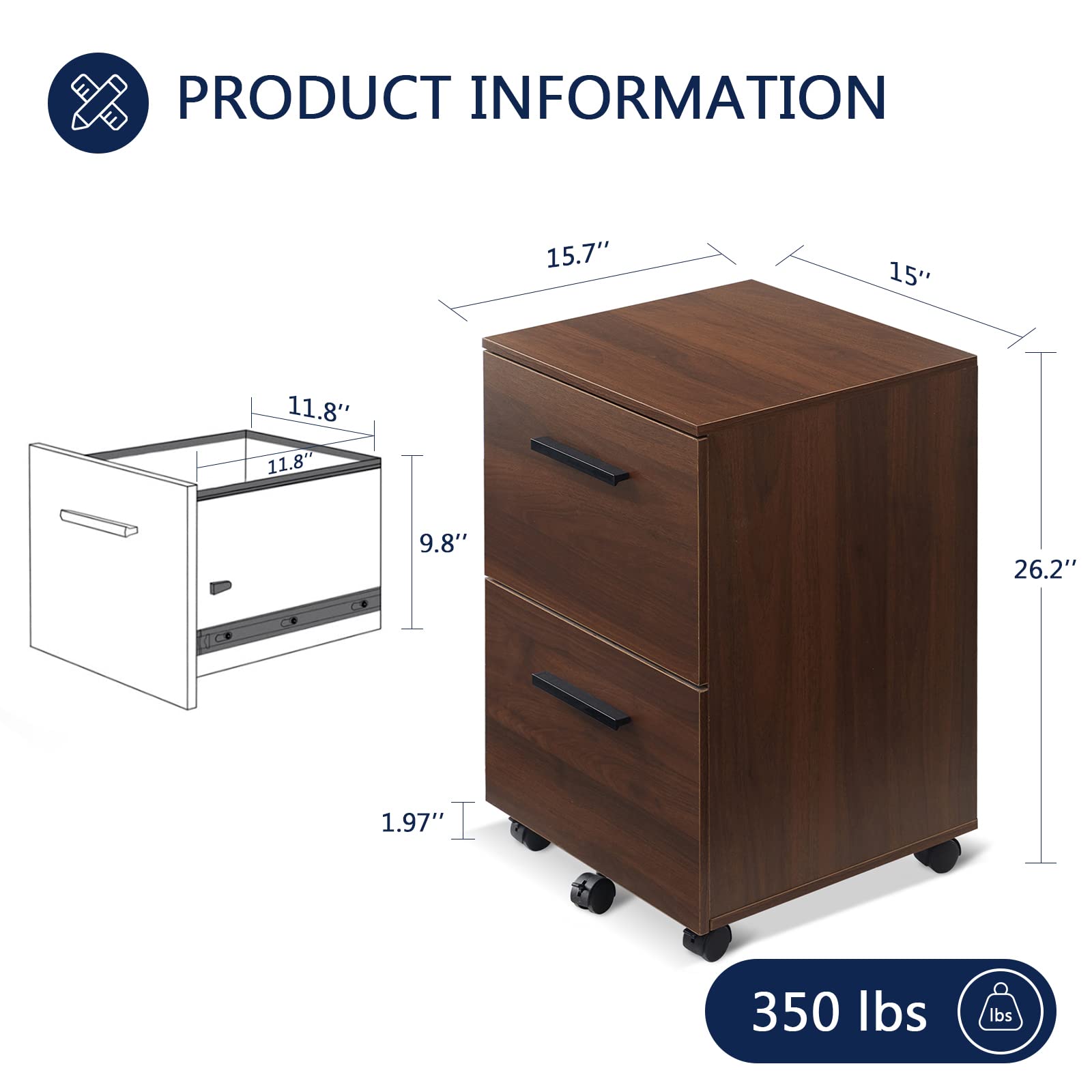 VICLLAX 2 Drawer Mobile File Cabinet, Vertical Filing Cabinet with 5 Wheels Fits Legal/Letter/A4 File Size for Home Office,Walnut