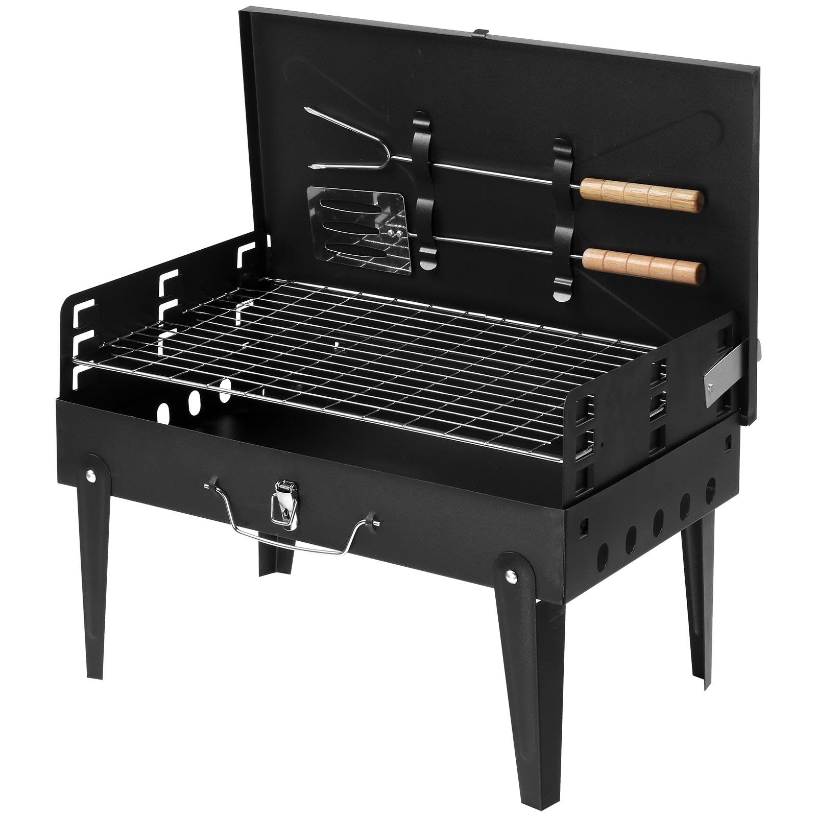 Portable Foldable Charcoal Grill,Small BBQ Grill Suitcase Square Covered Smoker Grill With Folding Legs & Lid,Lightweight Metal Outdoor Cooking Grill for Camping,Tailgating,Picnics,Black
