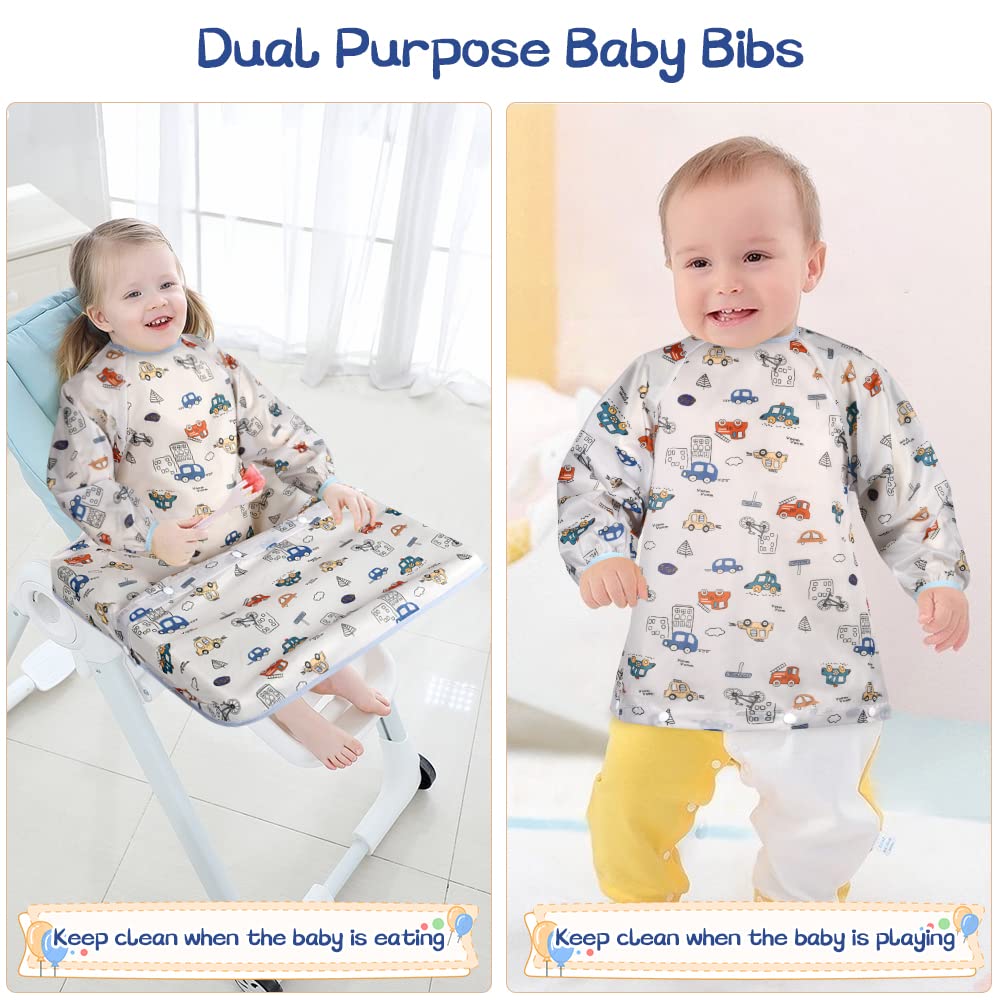 Vicloon Coverall Baby Feeding Bib, 2 In 1Weaning Bibs Attaches to Highchair and TableWeaning, Long Sleeve Bib with Waterproof, Baby Bibs for Feeding, Adjustable,Machine Washable(Car Pattern)