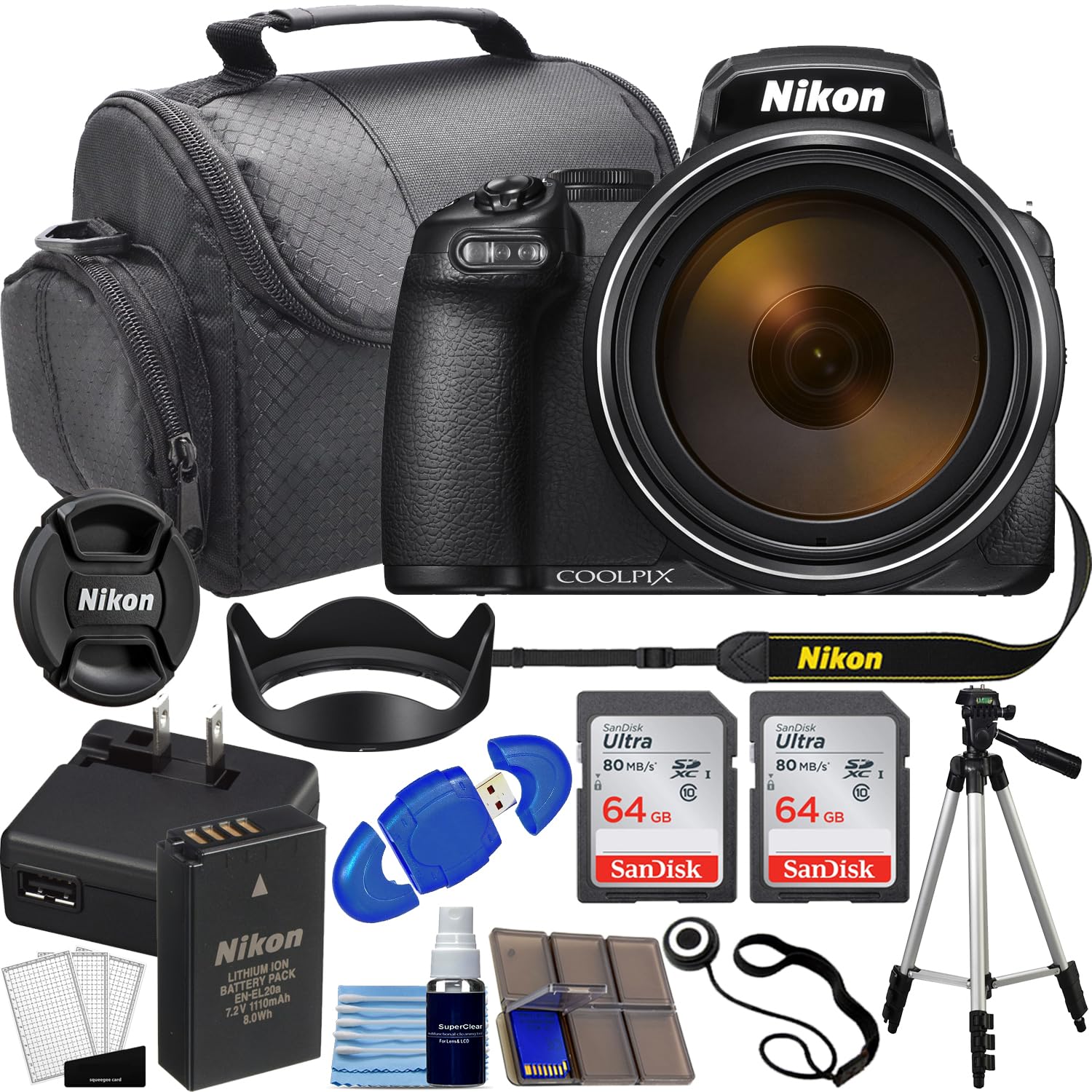 Nikon COOLPIX P1000 16.8MP Digital Camera with 3.2" LCD Black Bundle with 2X 64GB Memory Cards, Tripod, Carrying Case + More