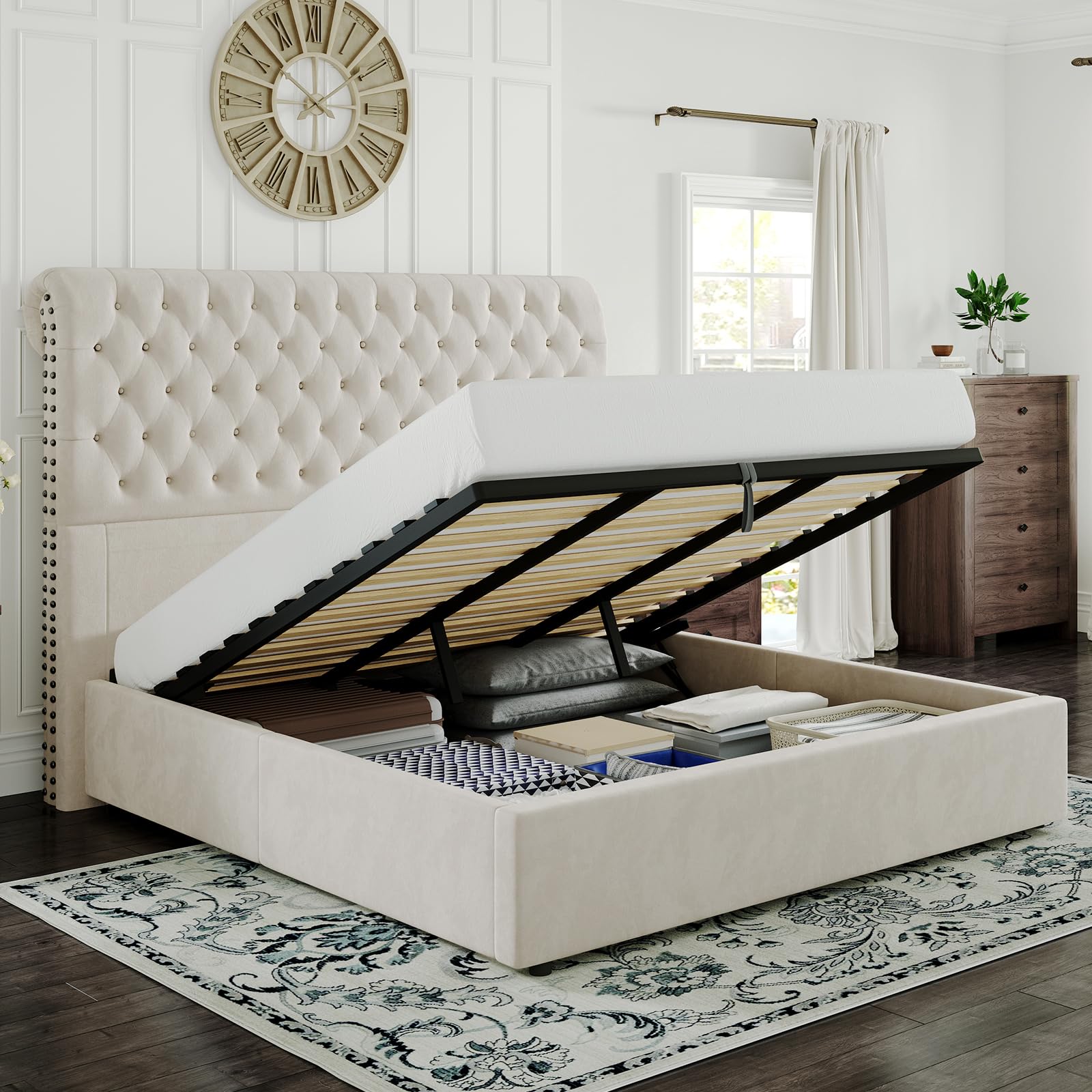 PaPaJet Lift Up Storage Bed King Size Bed Frame with Headboard Upholsterd Sleigh Bed Storage Underneath/No Box Spring Needed/Easy Assembly/Cream