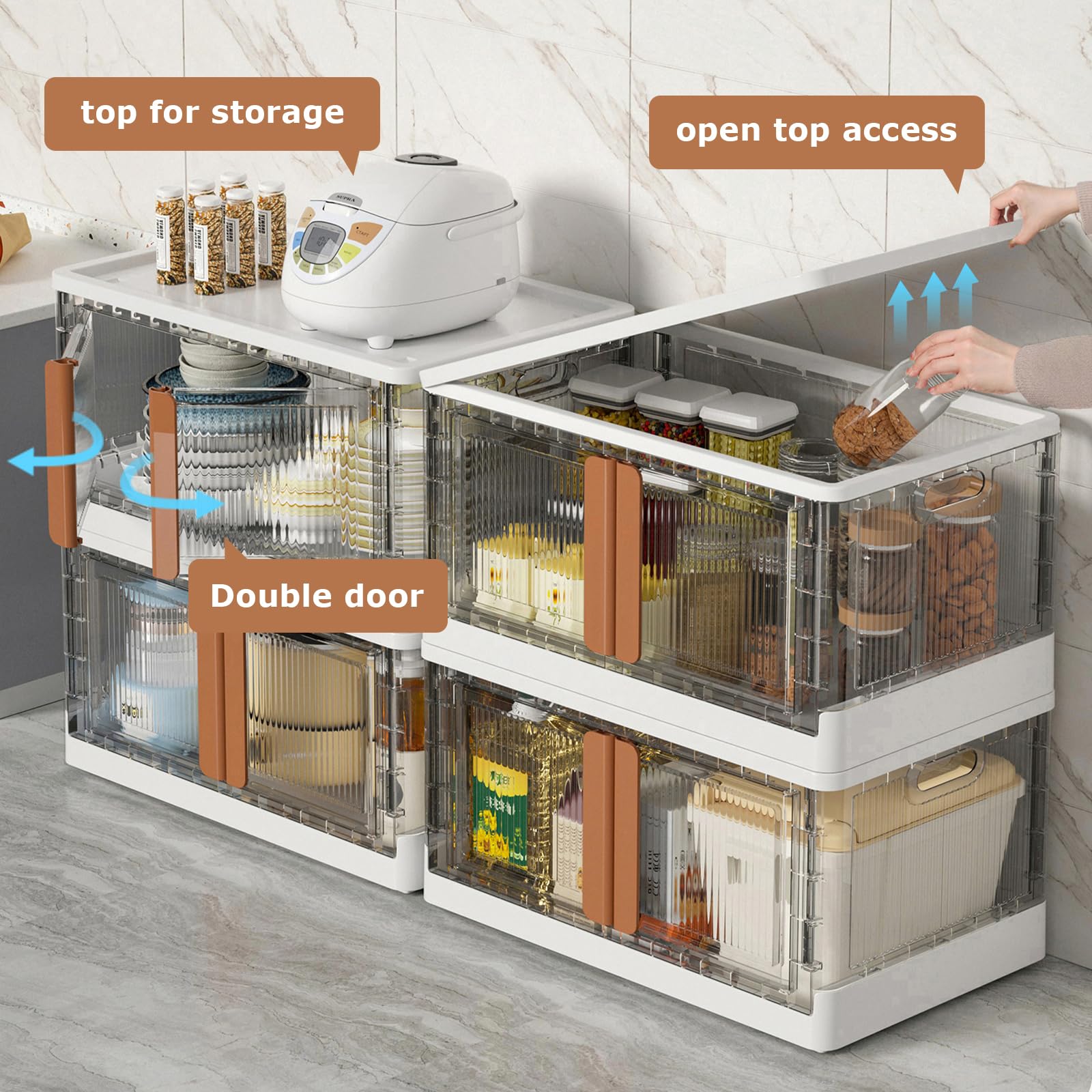 Storage Bins with Lids, Foldable Storage Bins, Clear Grey Wardrobe Closet Organizer, 8.4Gal Stackable Toy Storage, Collapsible Plastic Storage Container with Door, Crate for Book Storage(6 Pack)