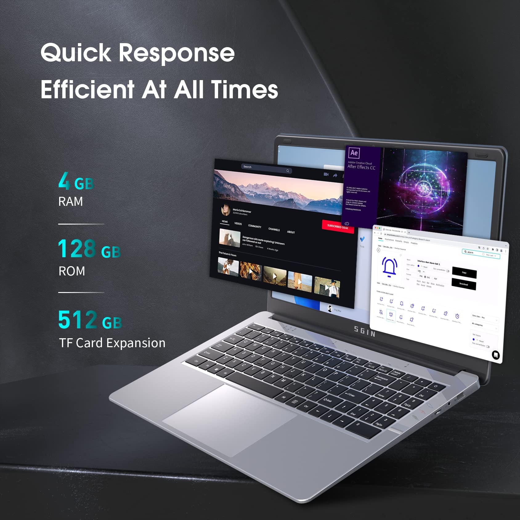 SGIN 15.6 Inch Display 4GB DDR4 RAM+128GB SSD Laptop, Laptops with Intel Celeron Quad Core Processor, Intel UHD Graphics 600, Mini HDMI, Webcam, WiFi, Bluetooth 4.2, USB3.0