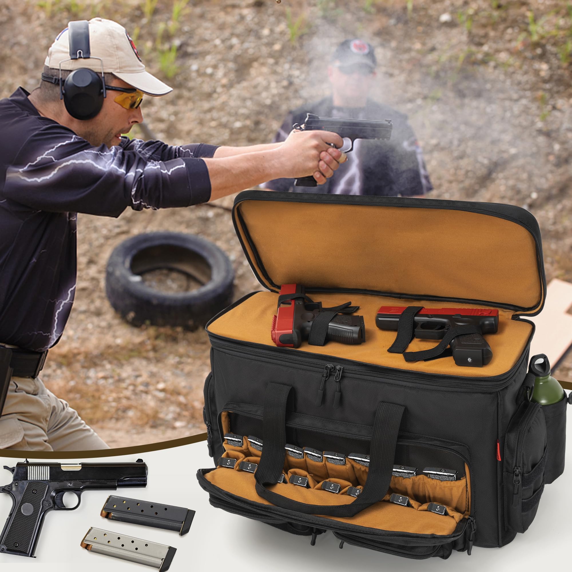 OUUTMEE Tactical Pistol Range Bag with 4 Pistol Cases, Shooting Duffle Range Pistol Bag with 5 Compartments, Multiple Magazine Slots and Extra Pockets for Ammo and Essentials