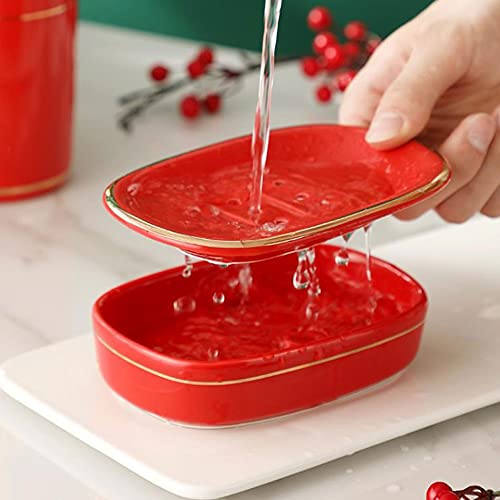 Soap Dispenser Bathroom Accessories Ceramic Set Complete 6 Piece Red - Bath Decor Kit Includes Soap Dispenser Toothbrush Holder Tumbler Soap Dish and Tray, For Wedding Soap Dispenser for Bathroom Kitc