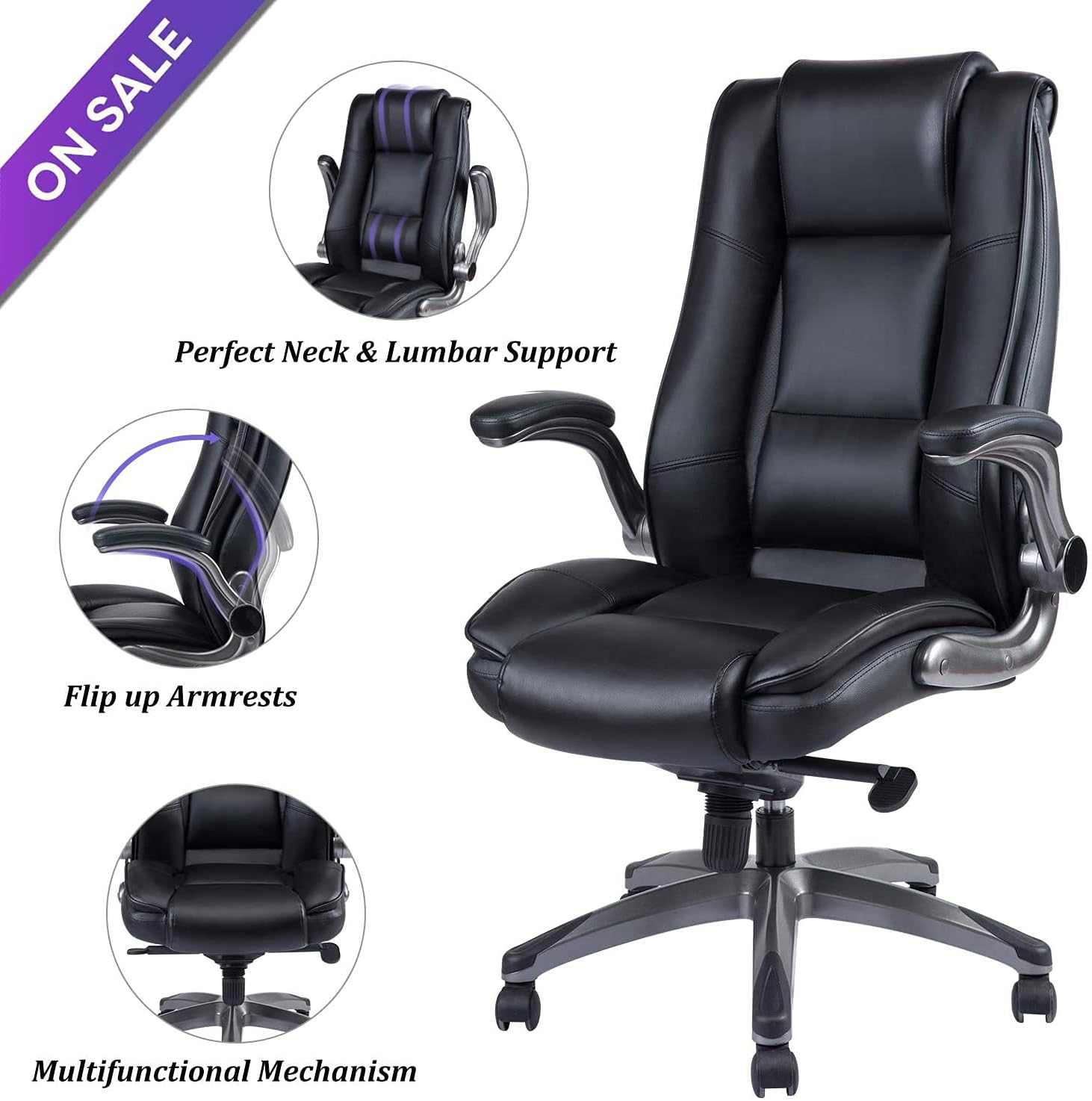 REFICCER Bonded Leather Office Chair - Adjustable Built-in Lumbar Support and Tilt Angle High Back Executive Computer Desk Chair for Office Workers & Students (Black)