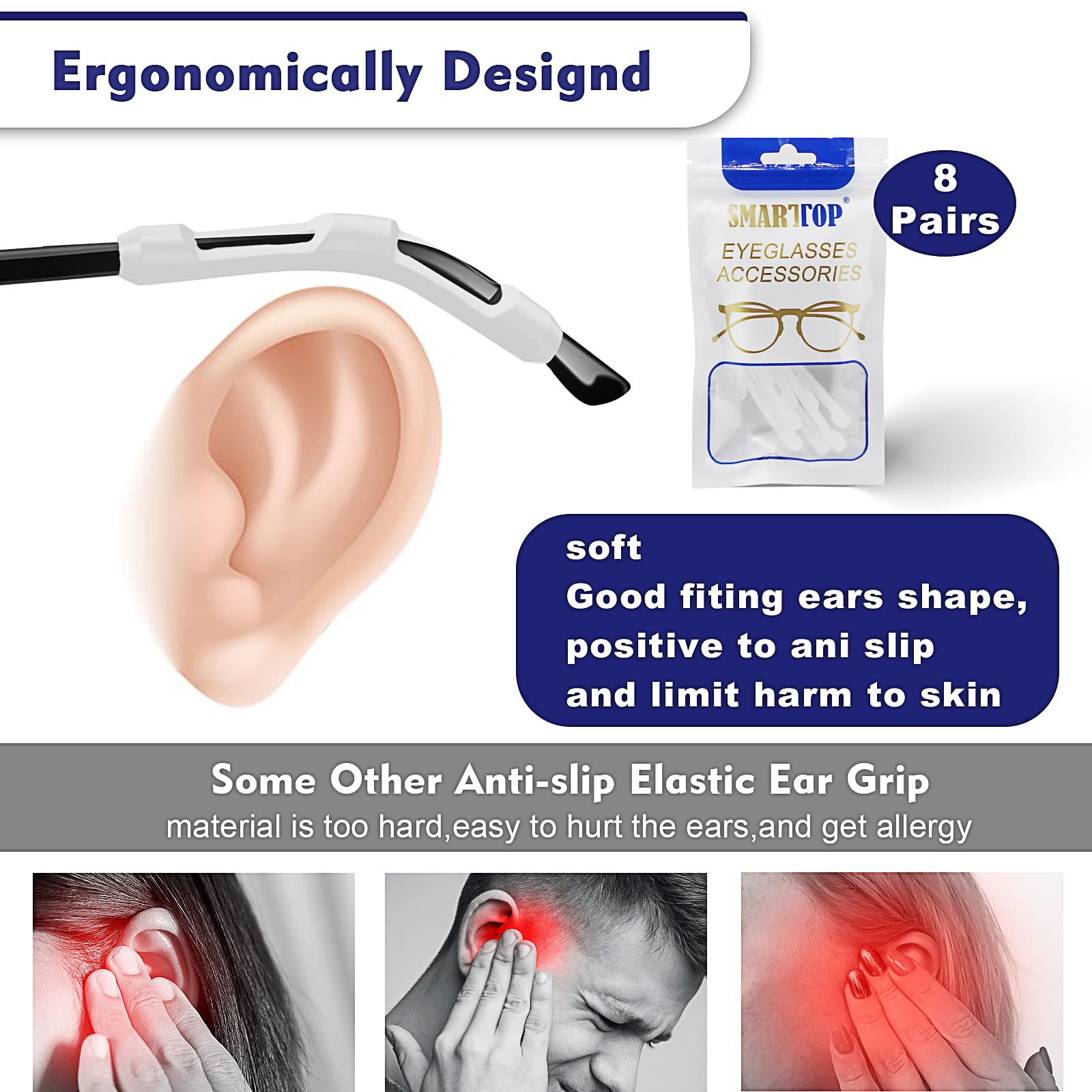 SMARTTOP Eyeglass Ear Grips Sleeve 8Pairs Upgrade anti-slip Silicone Eyeglasses Temple Tips Sleeve Retainer Glasses Ear hooks